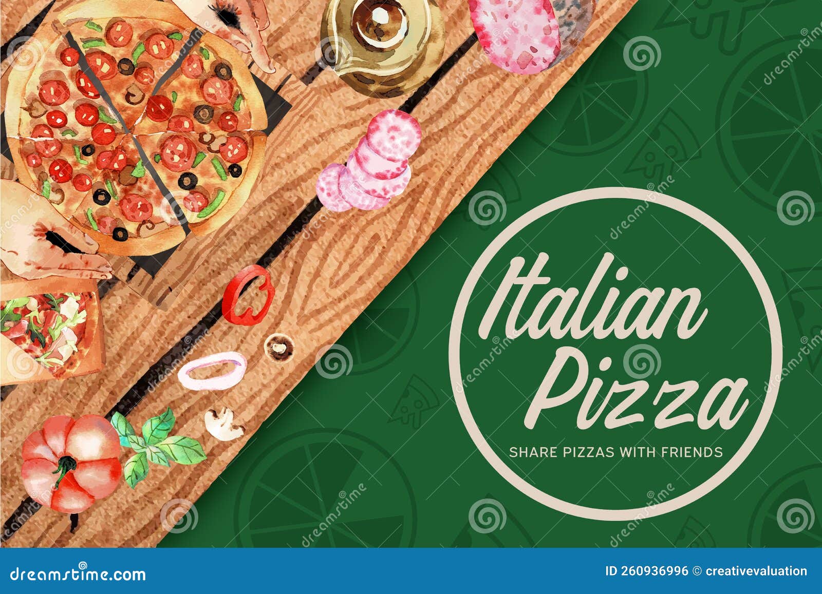 Pizza Frame Design with Hands, Pizza, Tea Pot Watercolor Illustration ...