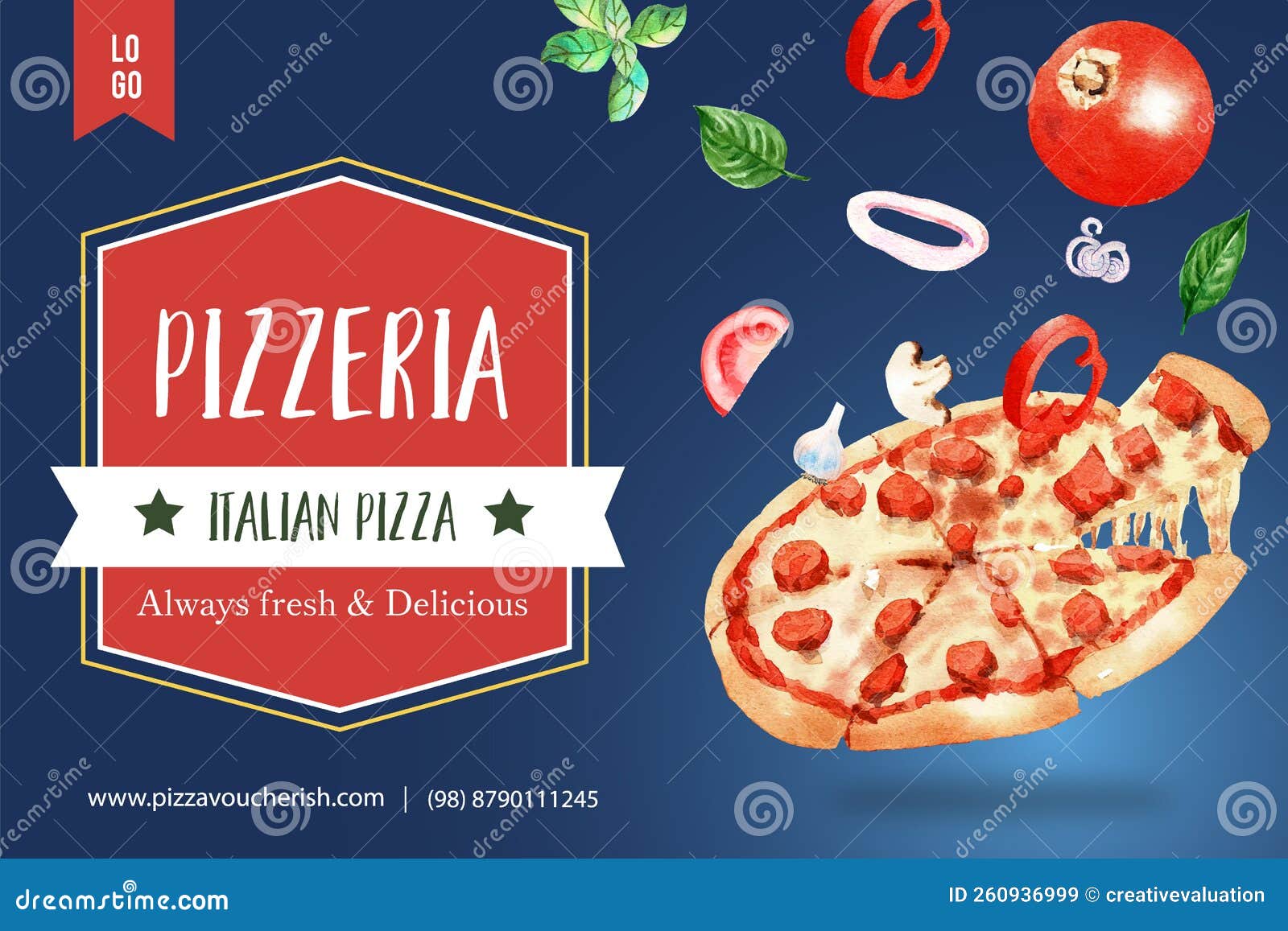 Pizza Frame Design with Pepperoni Pizza Watercolor Illustration Stock ...