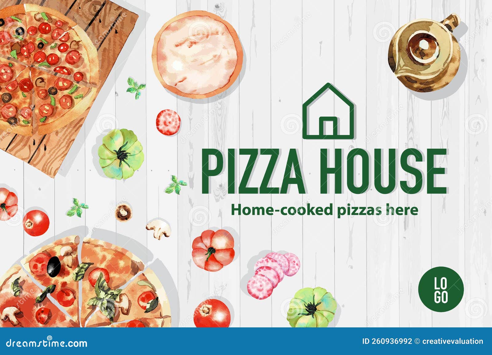 Pizza Frame Design with Tea Pot, Pumpkin, Pizza Watercolor Illustration ...