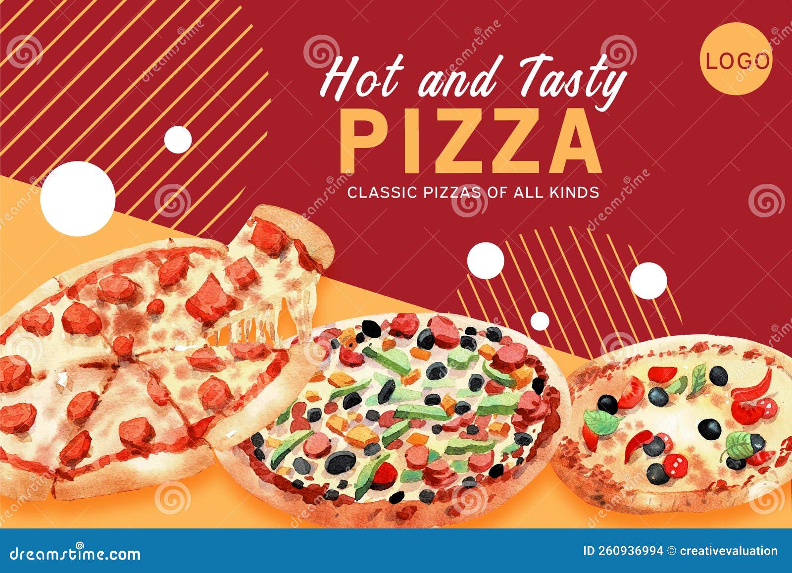 Pizza Frame Design with Various Pizza Watercolor Illustration Stock ...