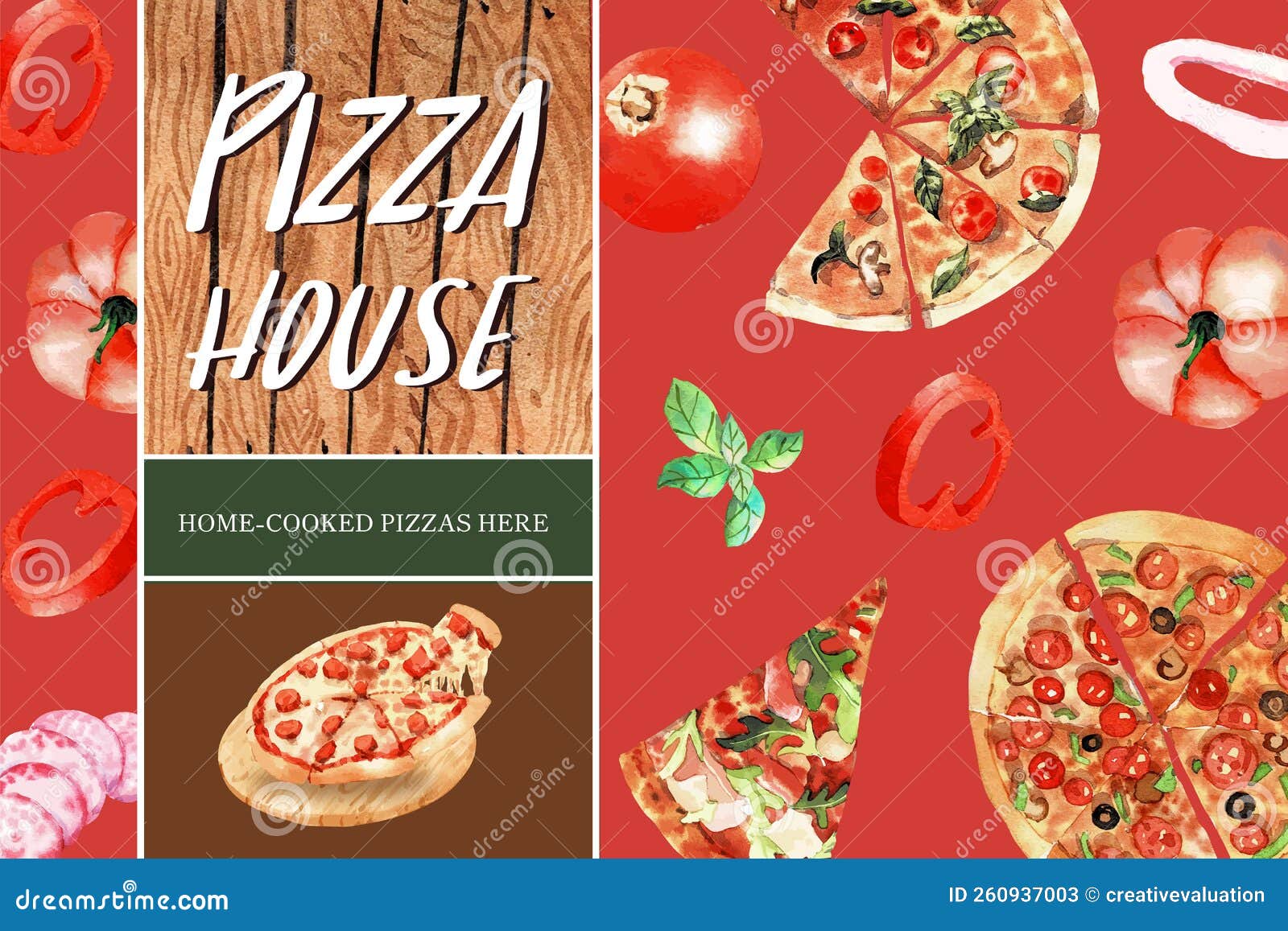 Pizza Frame Design with Various Pizza Watercolor Illustration Stock ...