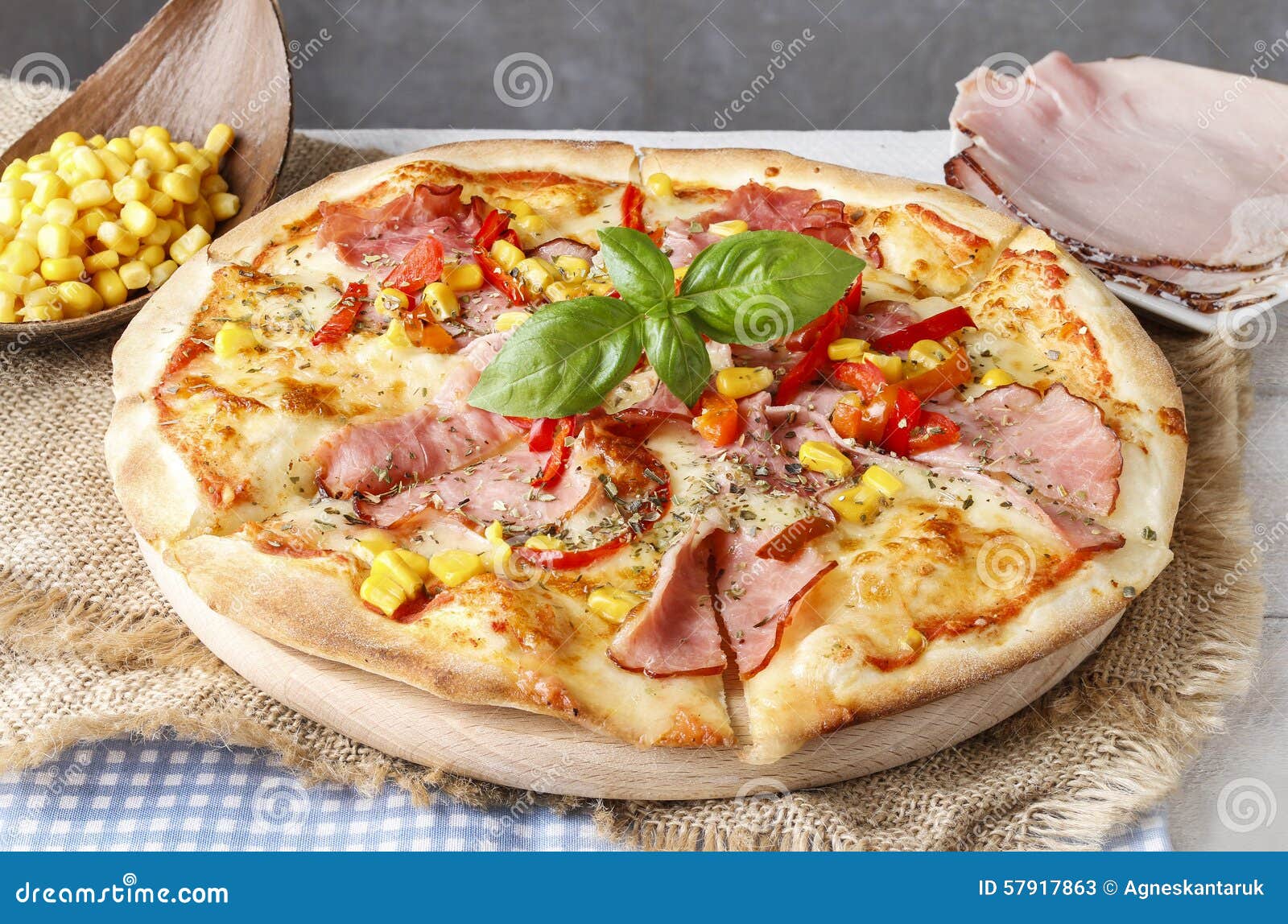 Pizza with Ham, Corn and Pepper Stock Image - Image of lunch, leaf ...