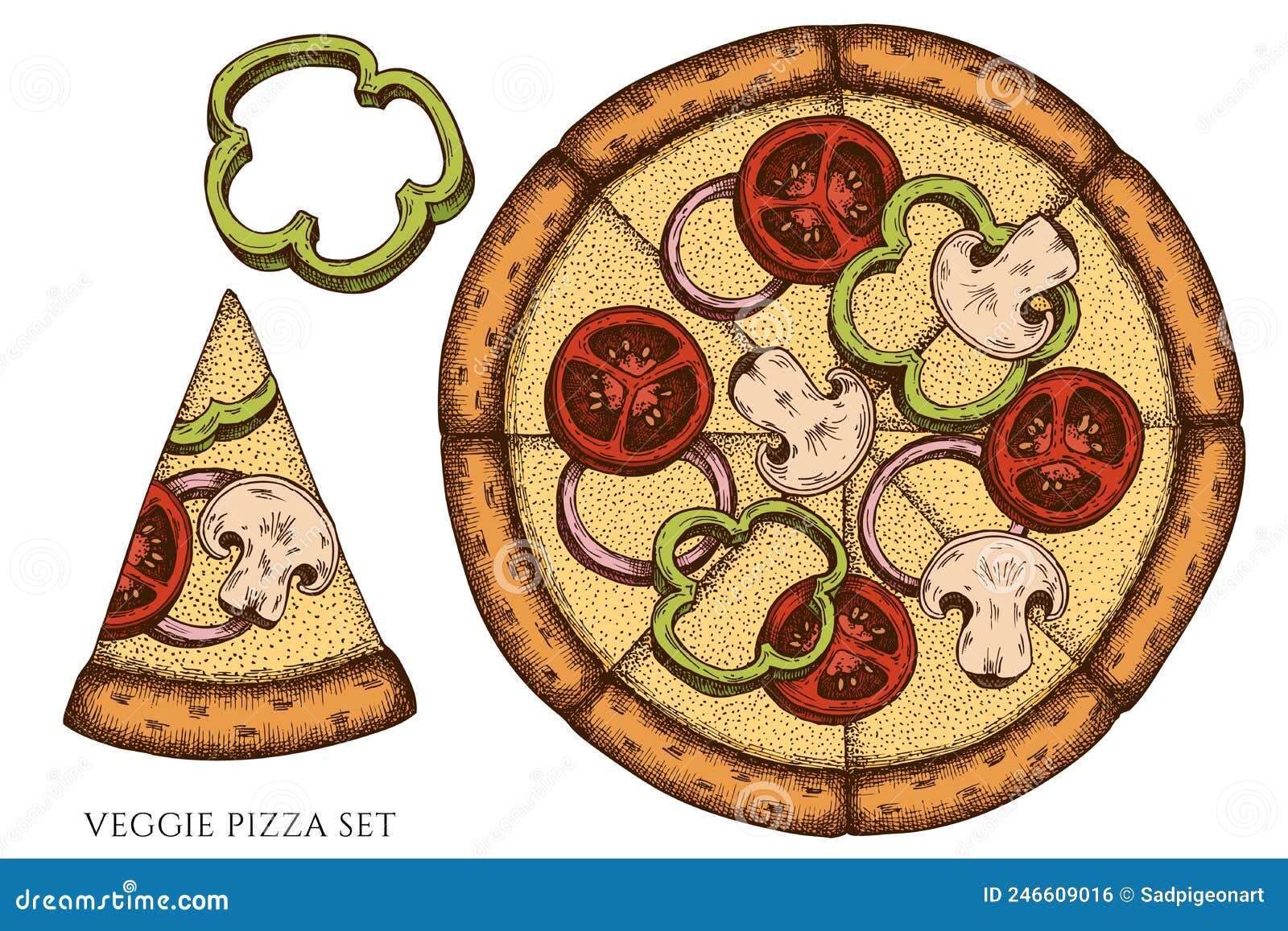 Pizza Hand Drawn Vector Illustrations Collection. Colored Veggie Pizza ...