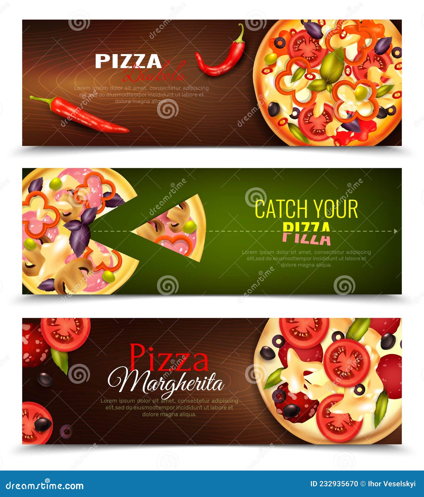 Pizza Horizontal Banners Set Stock Vector - Illustration of meal, cook ...