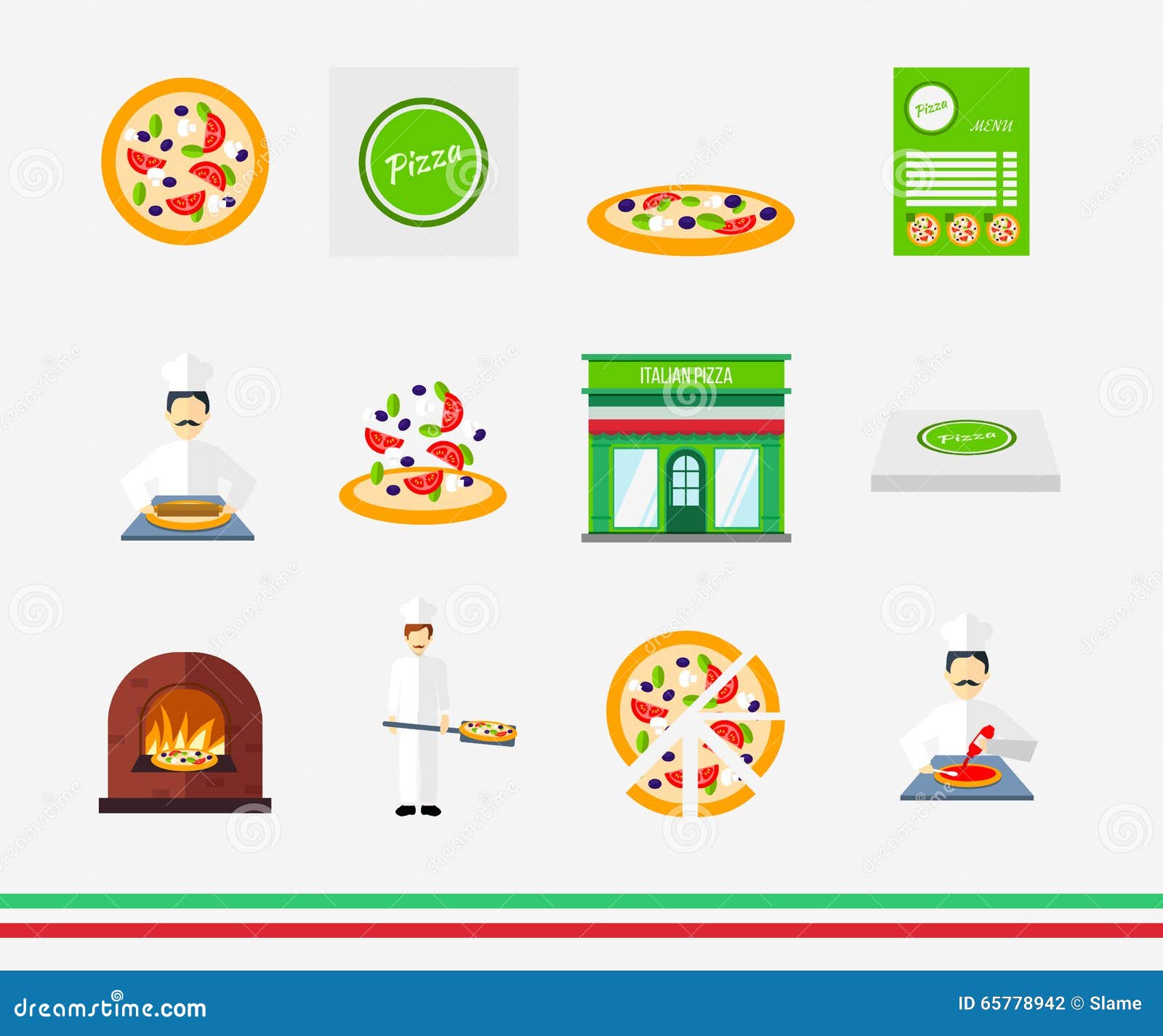 Pizza Icons with Pizzeria and Chef Set Stock Vector - Illustration of ...
