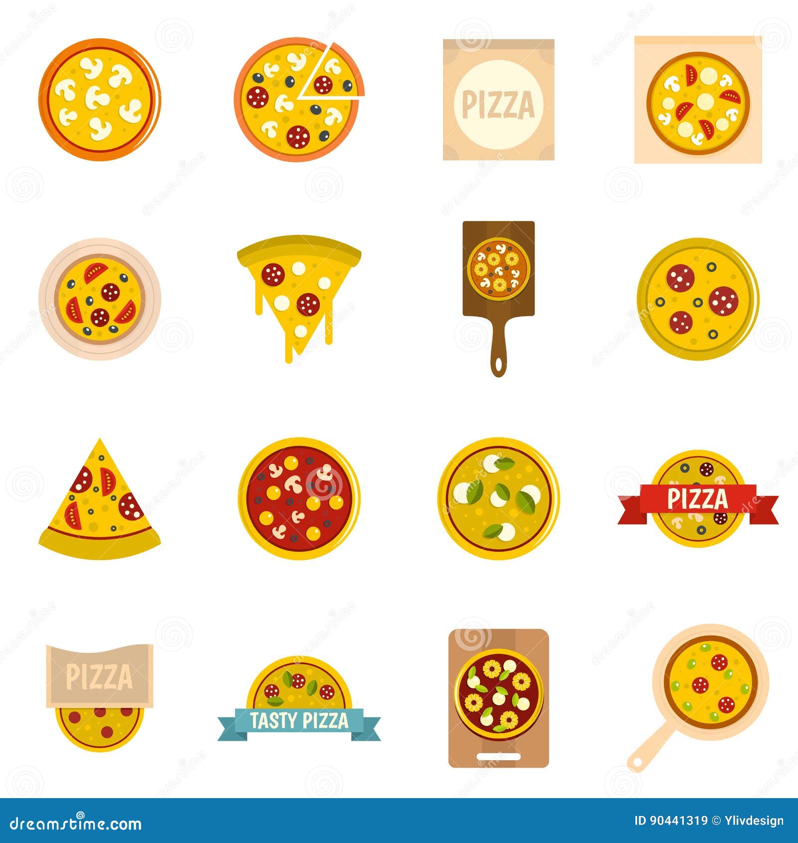 Pizza Icons Set in Flat Style Stock Vector - Illustration of restaurant ...