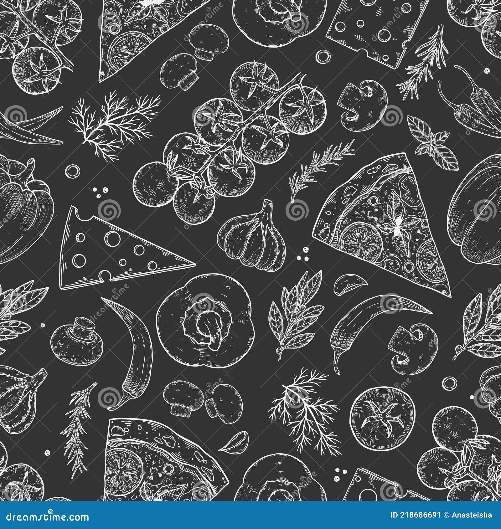 Pizza Ingredients Background. Linear Graphic. Tomato, Garlic, Basil ...