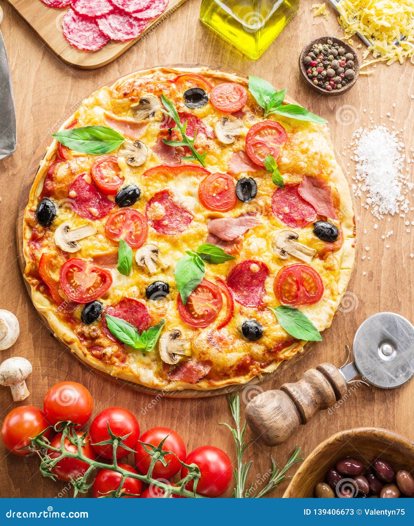 Pizza Ingredients Prepared In Separate Bowls - Blocks Of Cheese ...