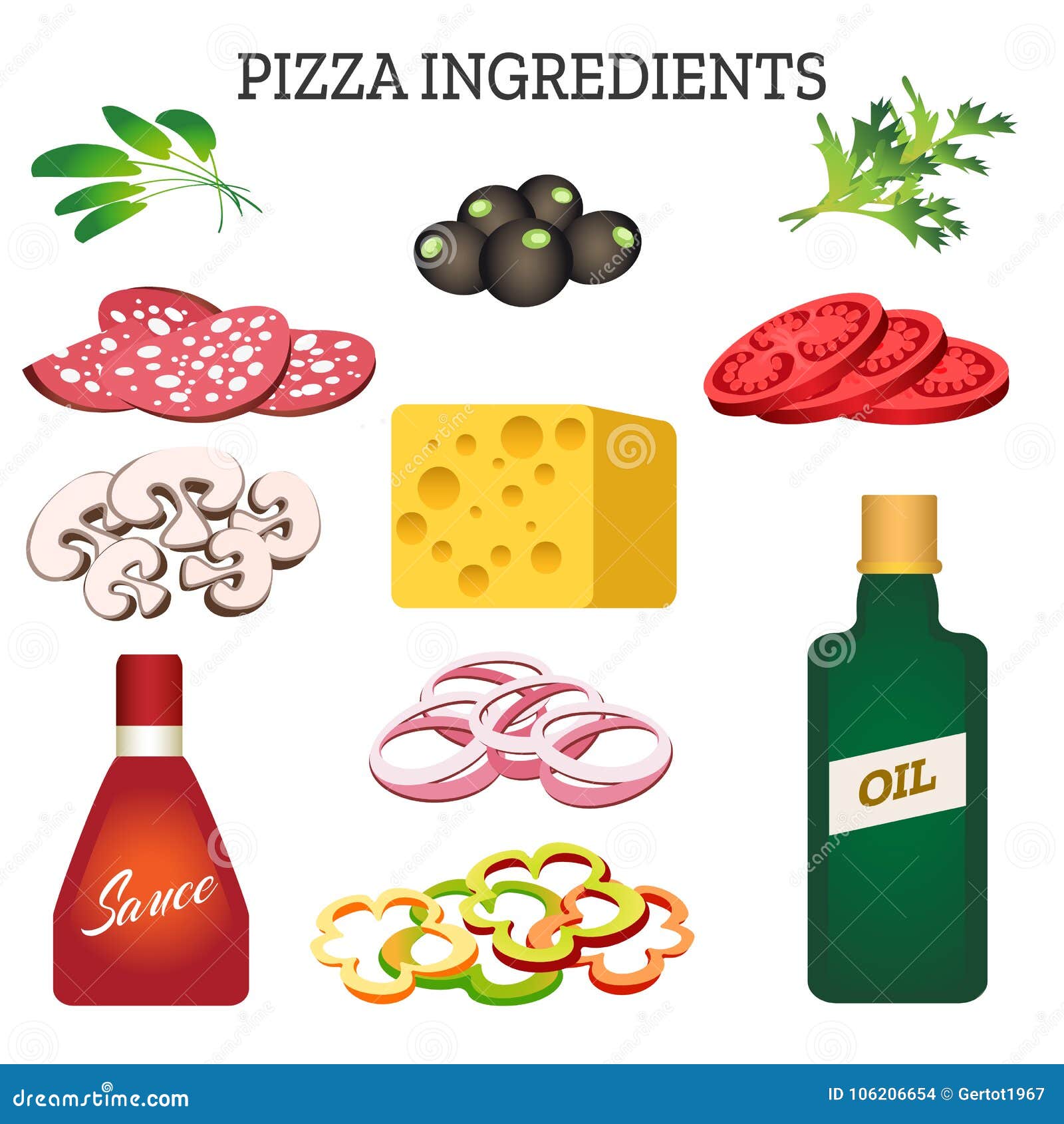 Pizza ingredients set stock vector. Illustration of pepperoni - 106206654