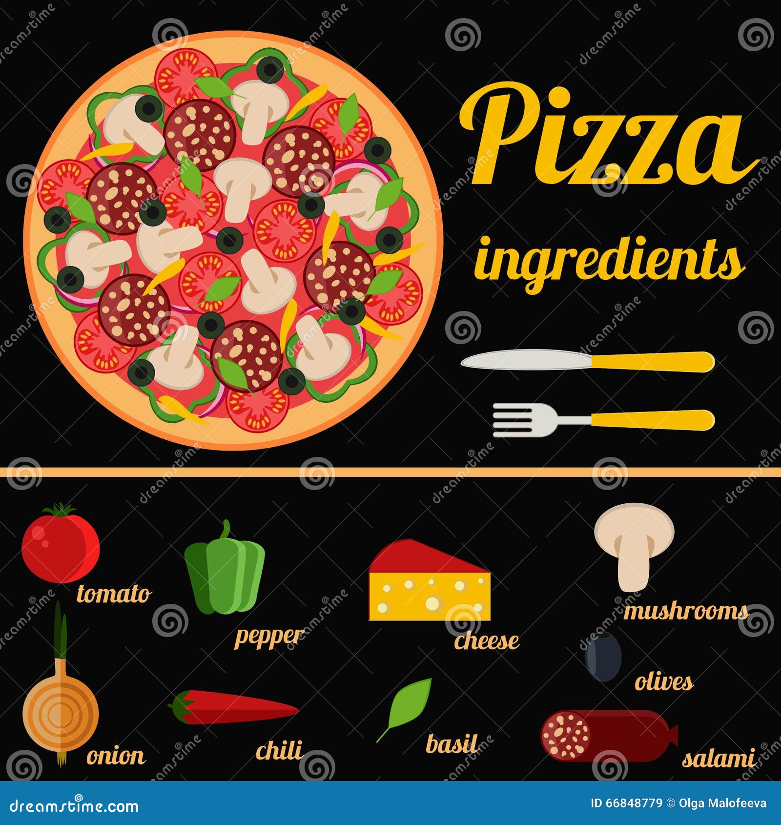 Pizza Ingredients Vector Set. Stock Vector - Illustration of margarita ...