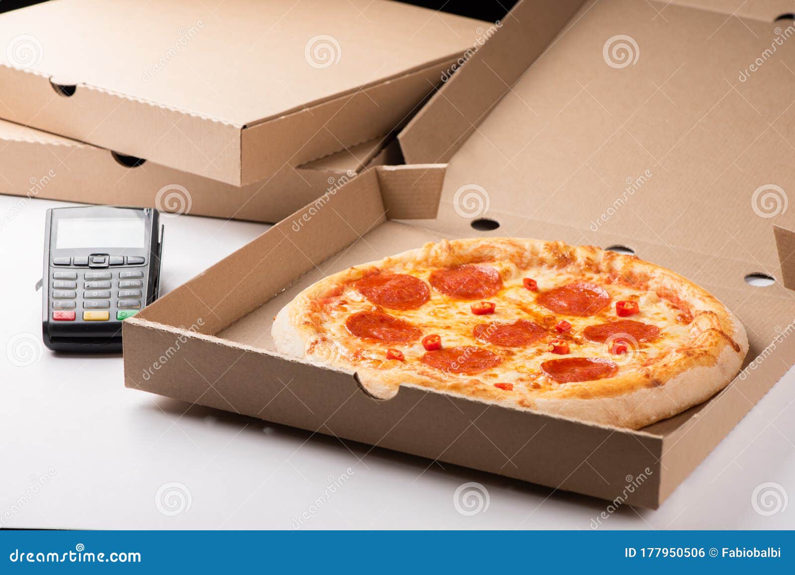 Pizza Inside Open Box on Tall Stack of Delivery Boxes Stock Photo ...