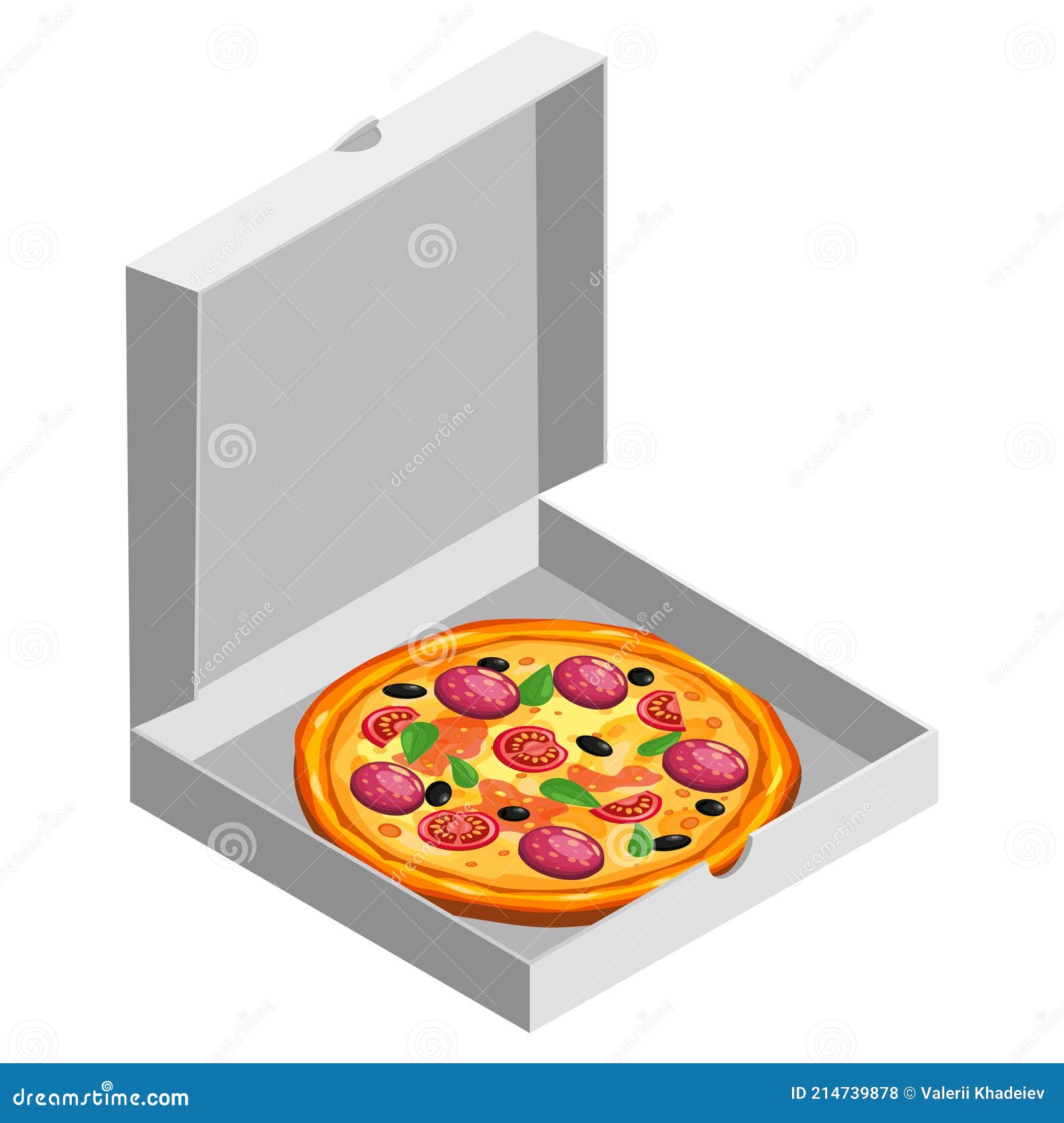 Pizza Isometric in Open White Cardboard Box. Package Template, Delivery ...