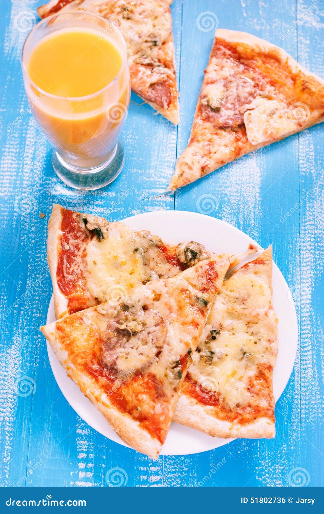Pizza and juice stock photo. Image of served, salami - 51802736
