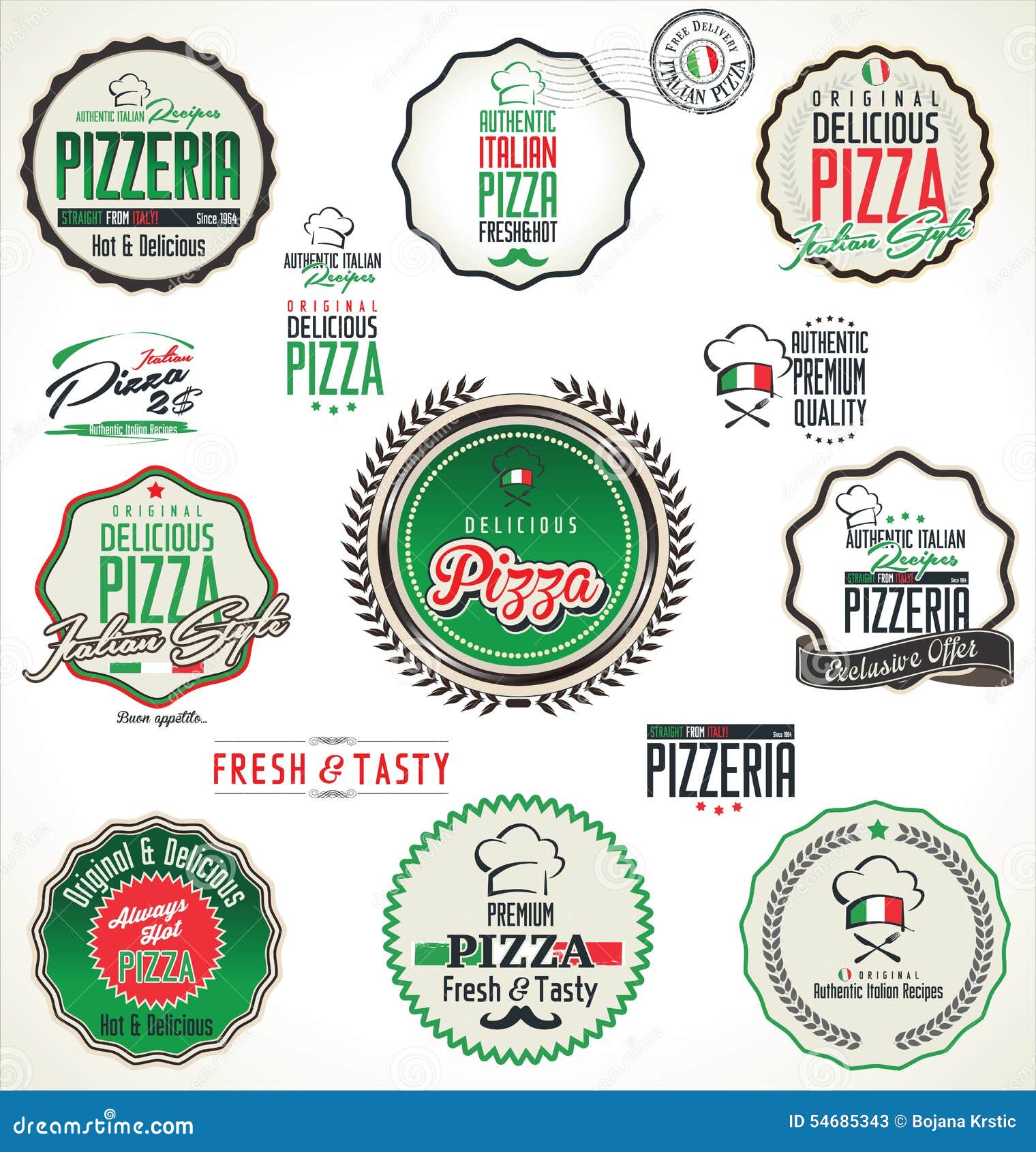 Pizza labels and badges stock illustration. Illustration of genuine ...