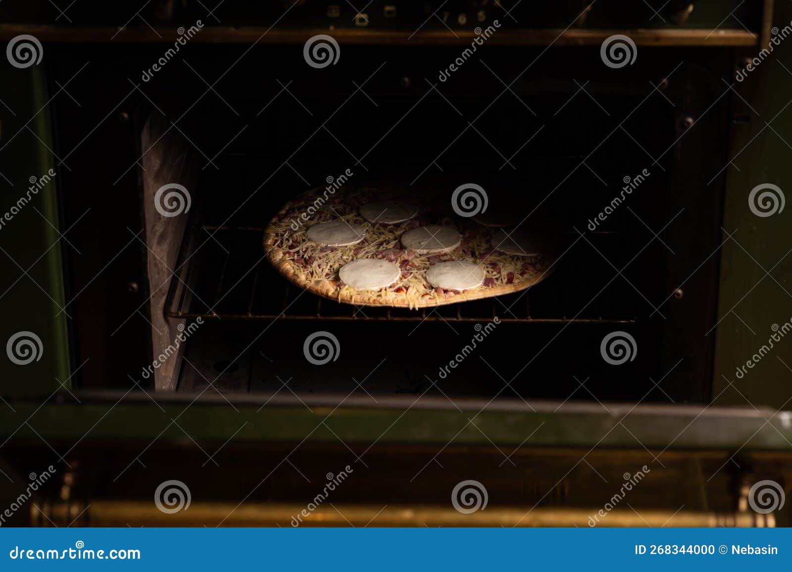 Pizza with Large Circles of Cheese in the Oven. Cooking Baking Pizza ...