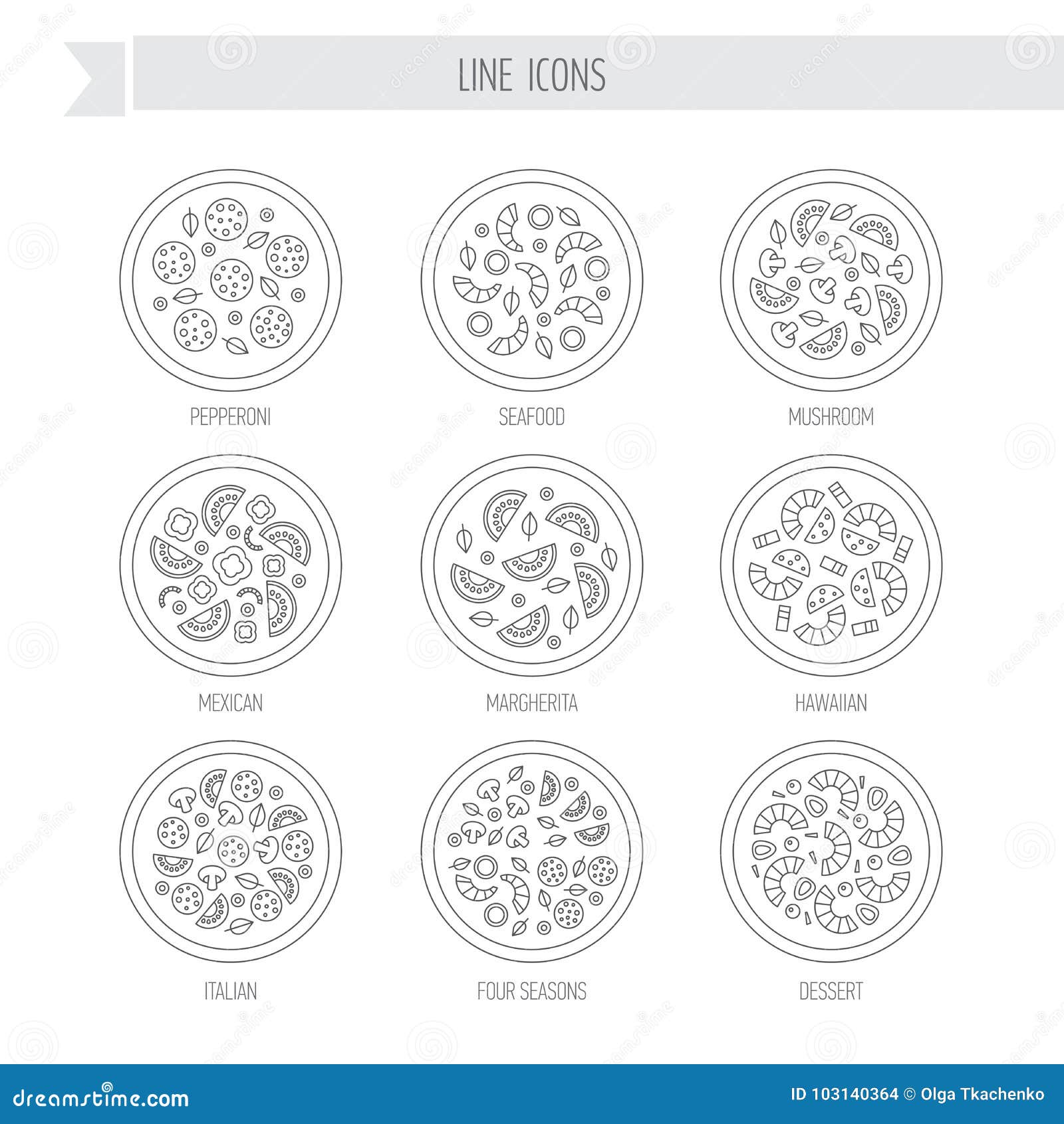 Pizza Line Icon Set. Black and White. Vector Illustration. Stock Vector ...
