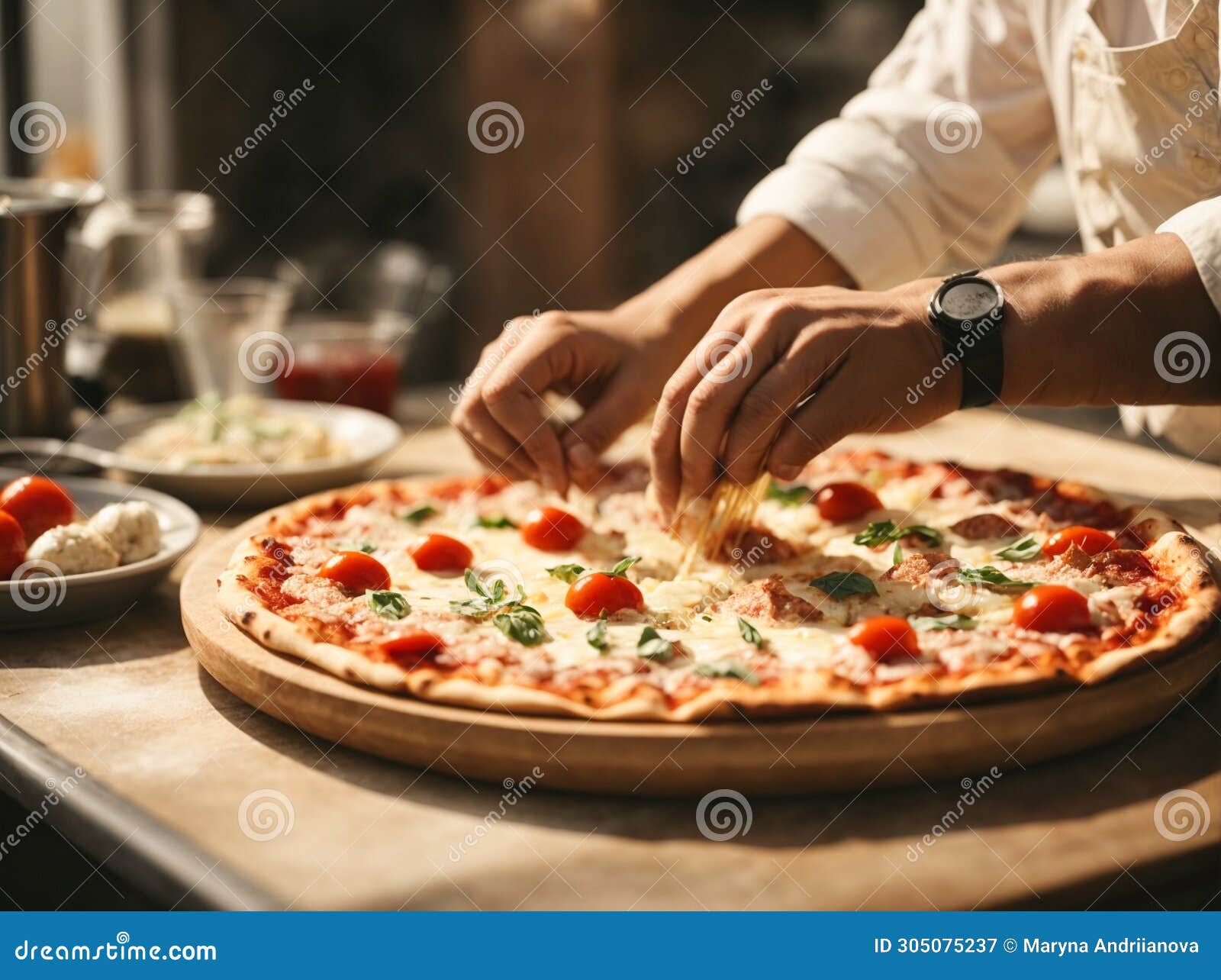 Pizza Making Process. Male Chef Hands Making Authentic Pizza in the ...