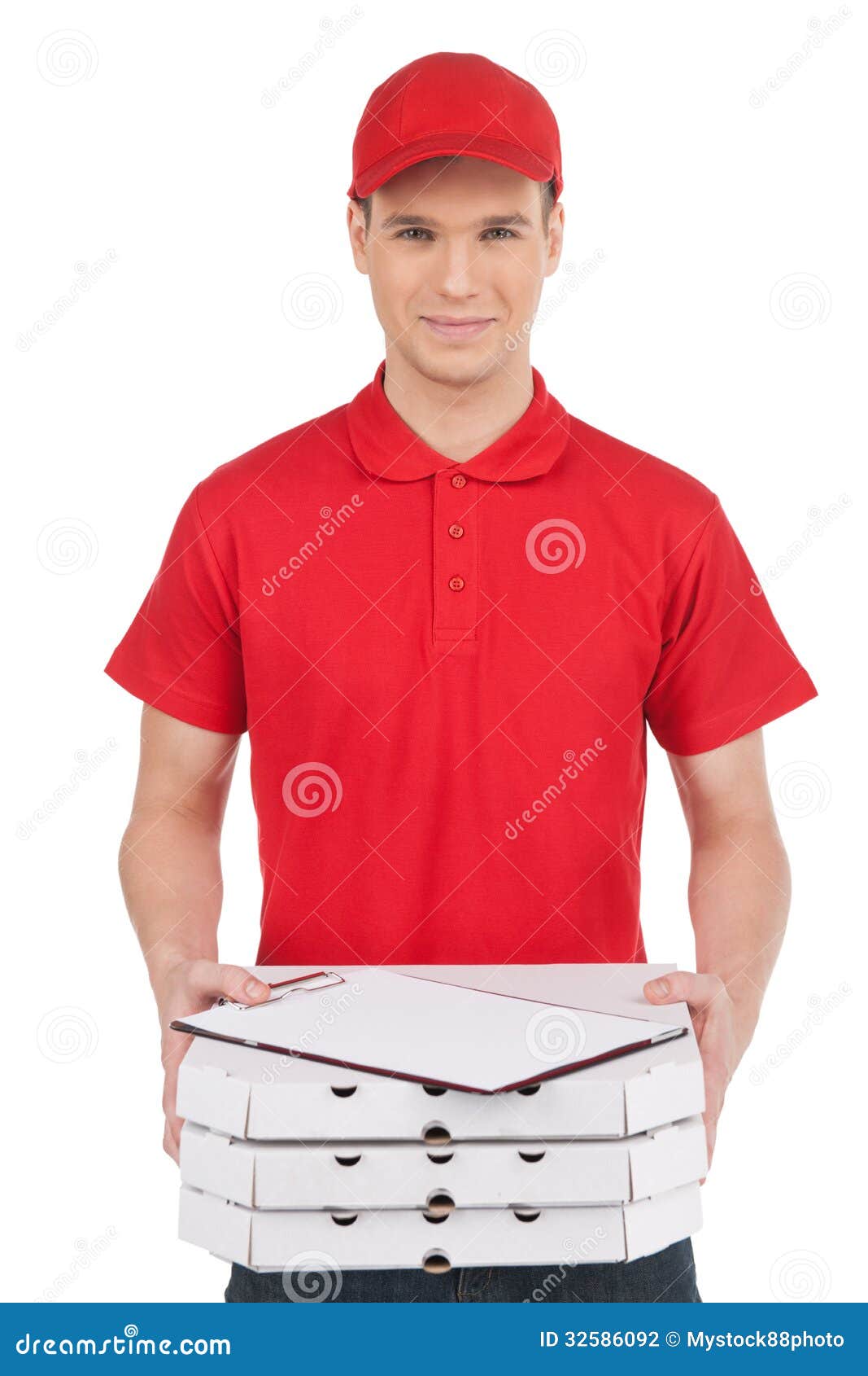 Pizza Man with a Stack of Pizza Boxes. Front View of Young Cheer Stock ...