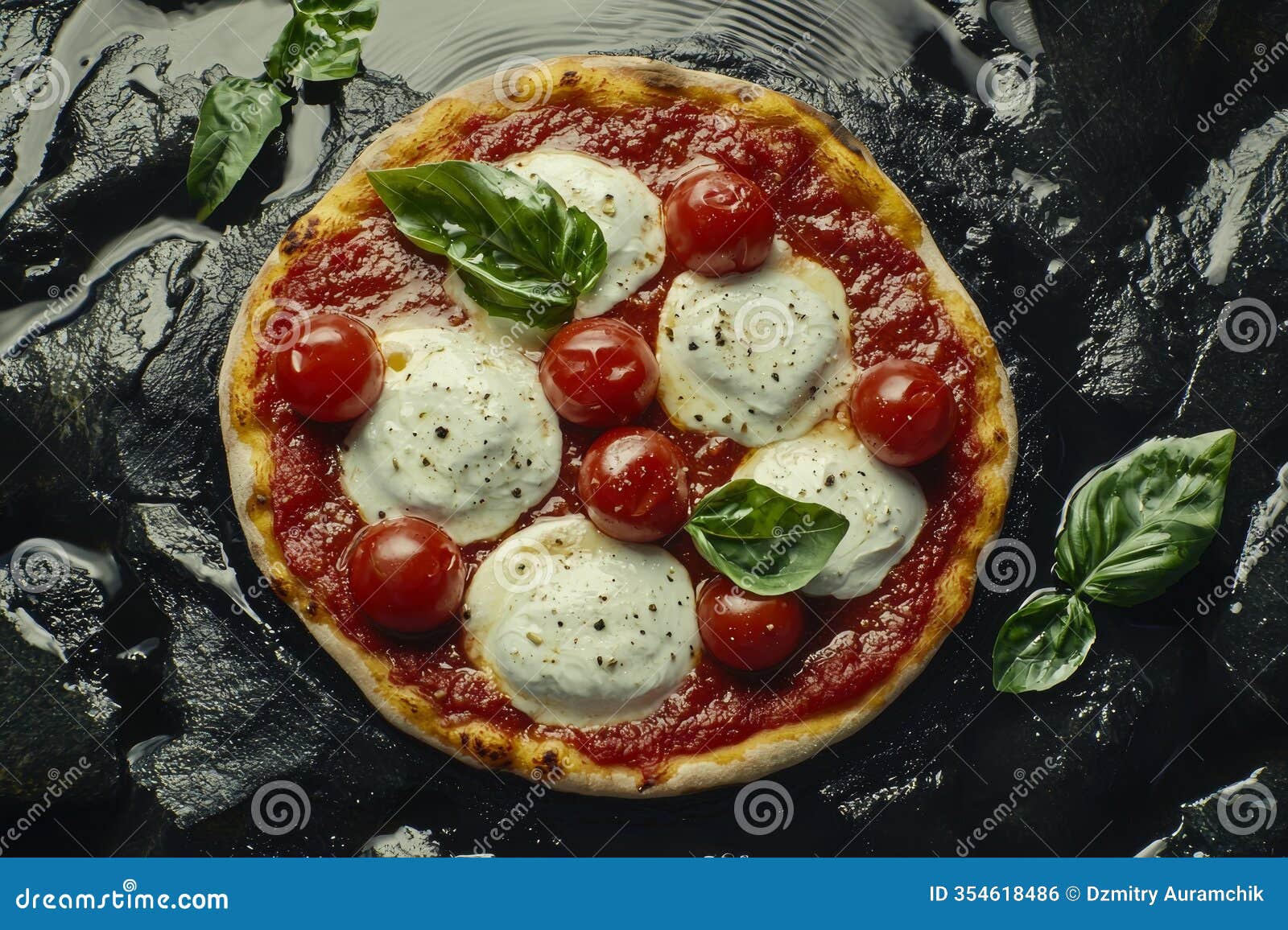 Pizza Margherita, Viewed from Above, Set Against a Black Stone Backdrop ...