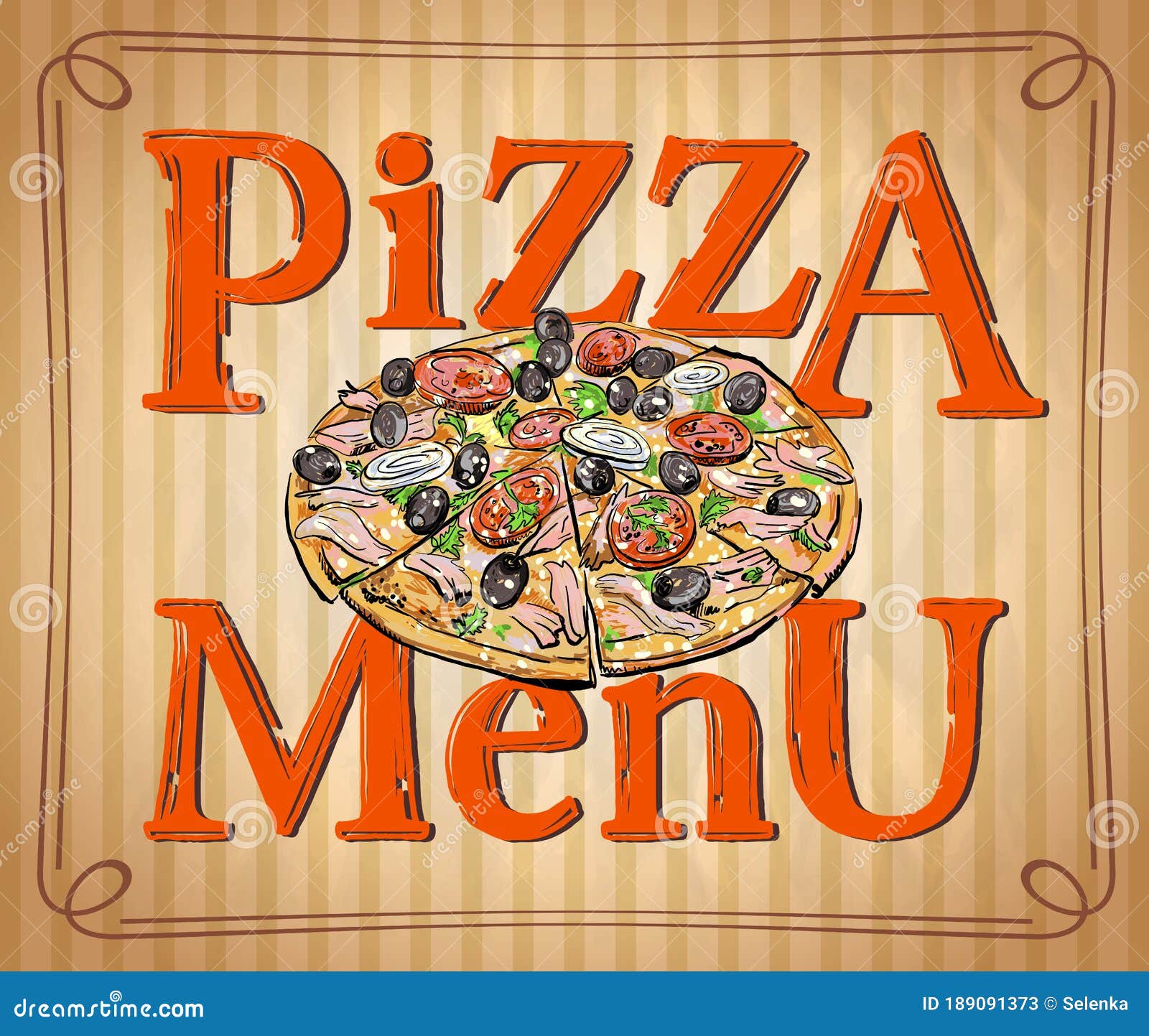 Pizza Menu Board With Whole Pizza, Graphic Hand Drawn Illustration ...