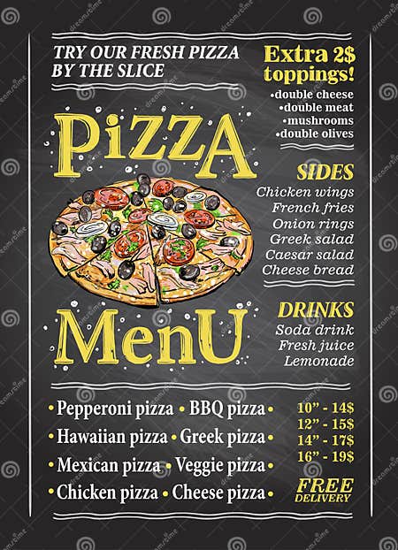 Pizza Menu Chalkboard Display with Pizza Stock Vector - Illustration of ...