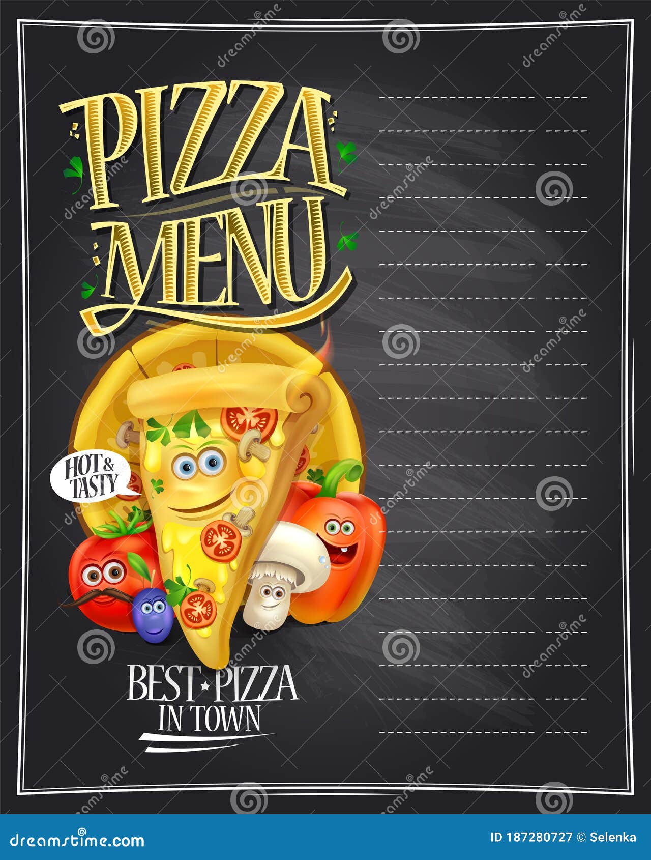 Pizza Menu Display on a Chalkboard with Cartoon Personages - Alive ...