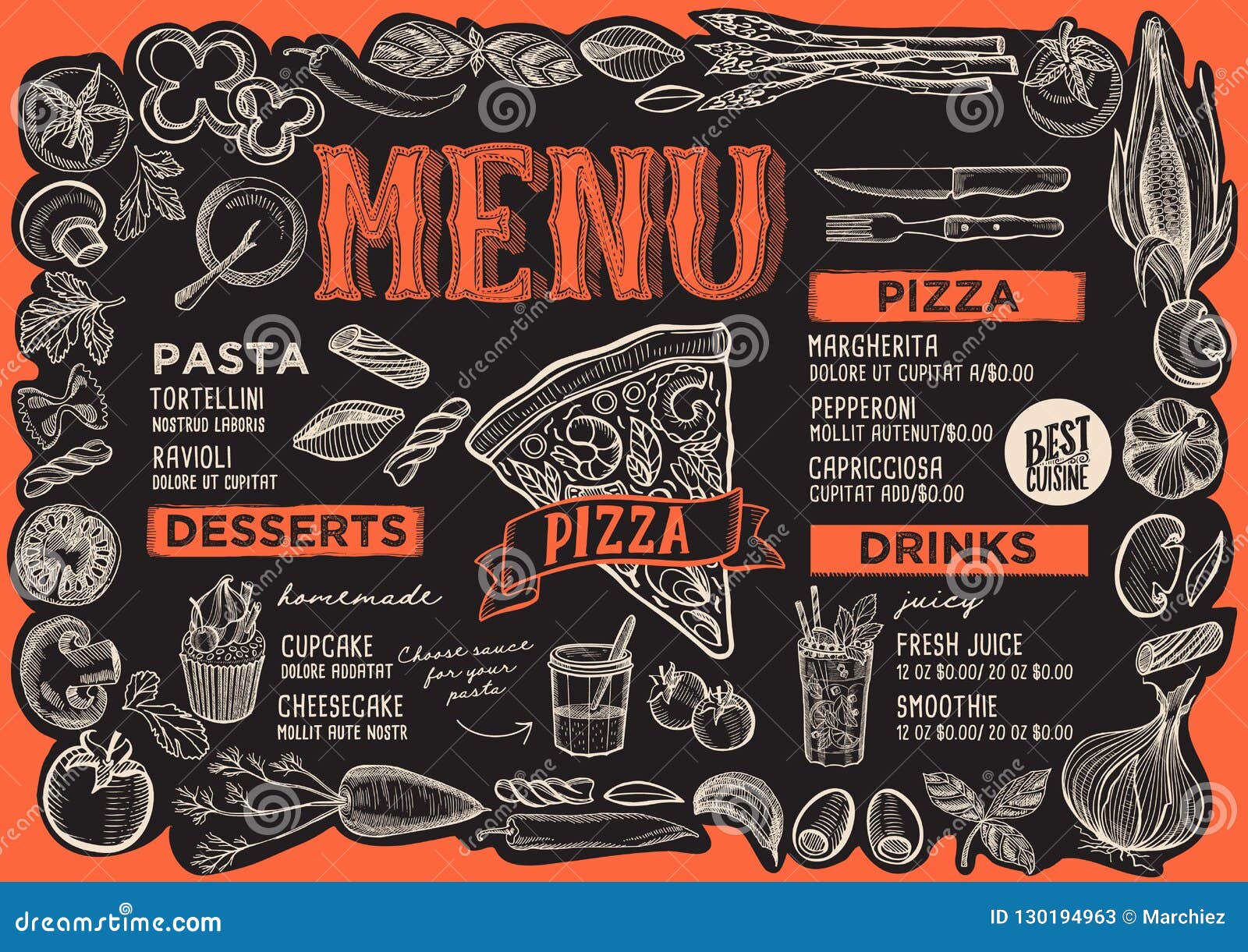 Pizza Menu for Restaurant with Frame of Graphic Vegetables. Stock ...