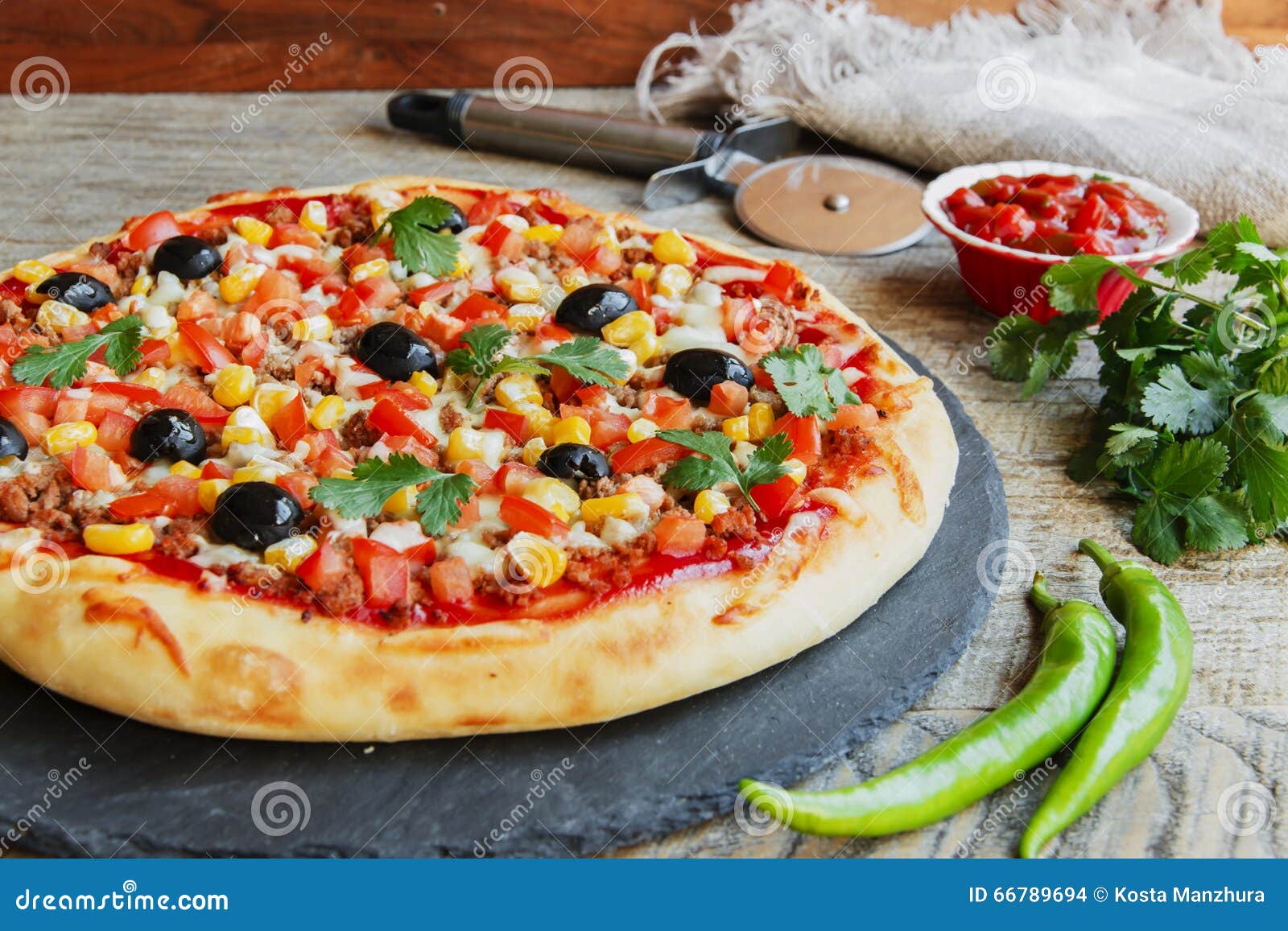 Pizza with Minced Meat Tomato Cheese Corn Olives Stock Photo - Image of ...