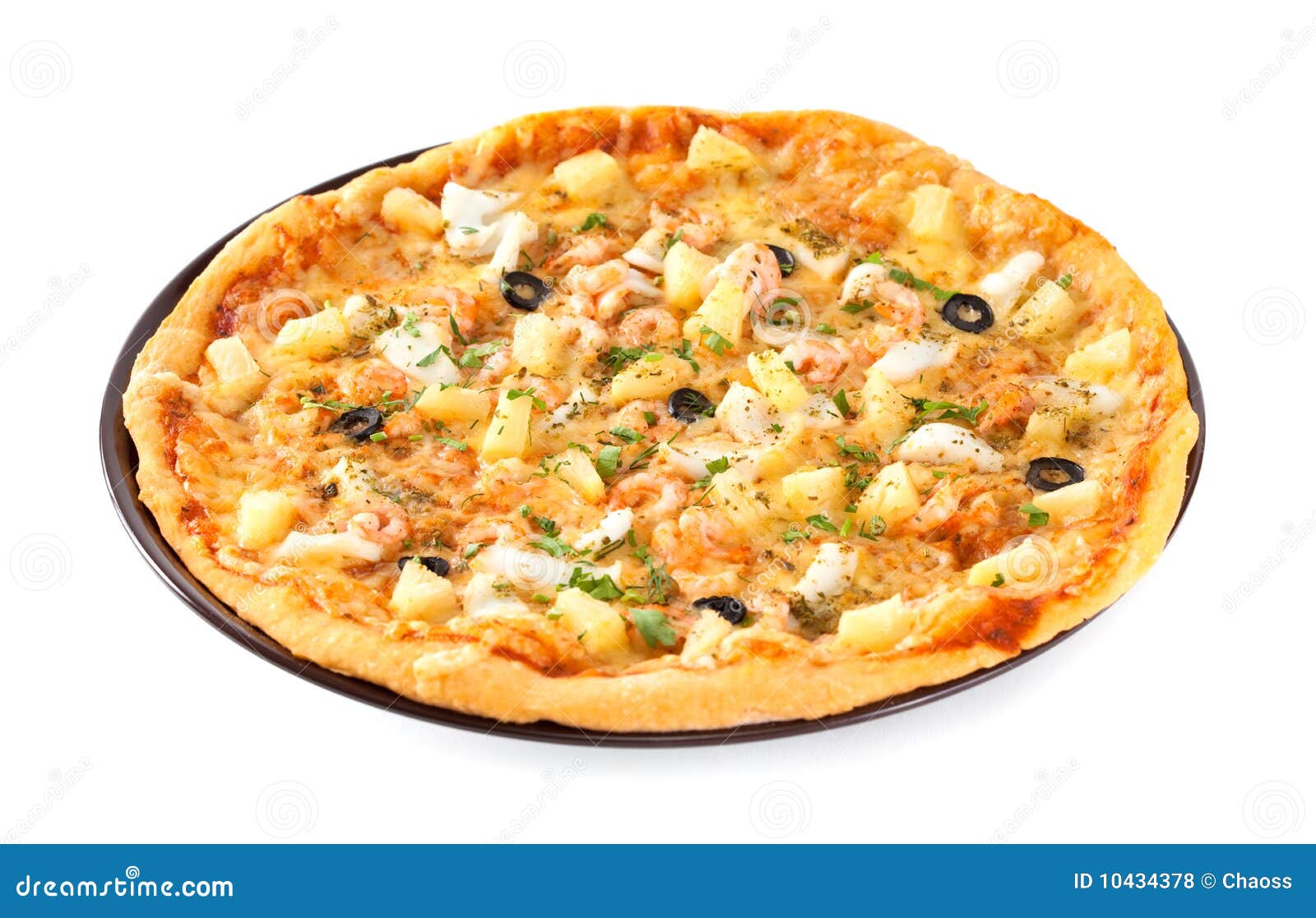 Pizza Mit Ananas Und Garnelen Stockfoto - Bild von abendessen, mahlzeit ...