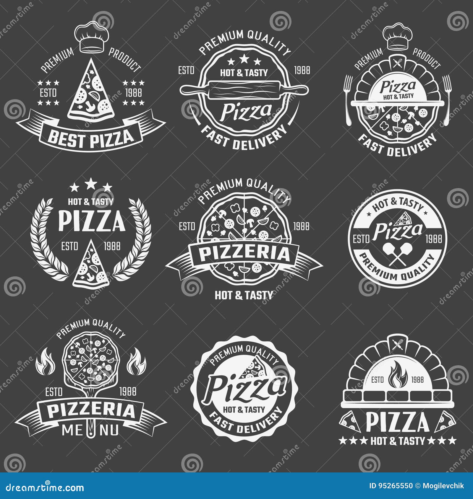 Pizza Monochrome Emblems Set Stock Vector - Illustration of badge, oven ...