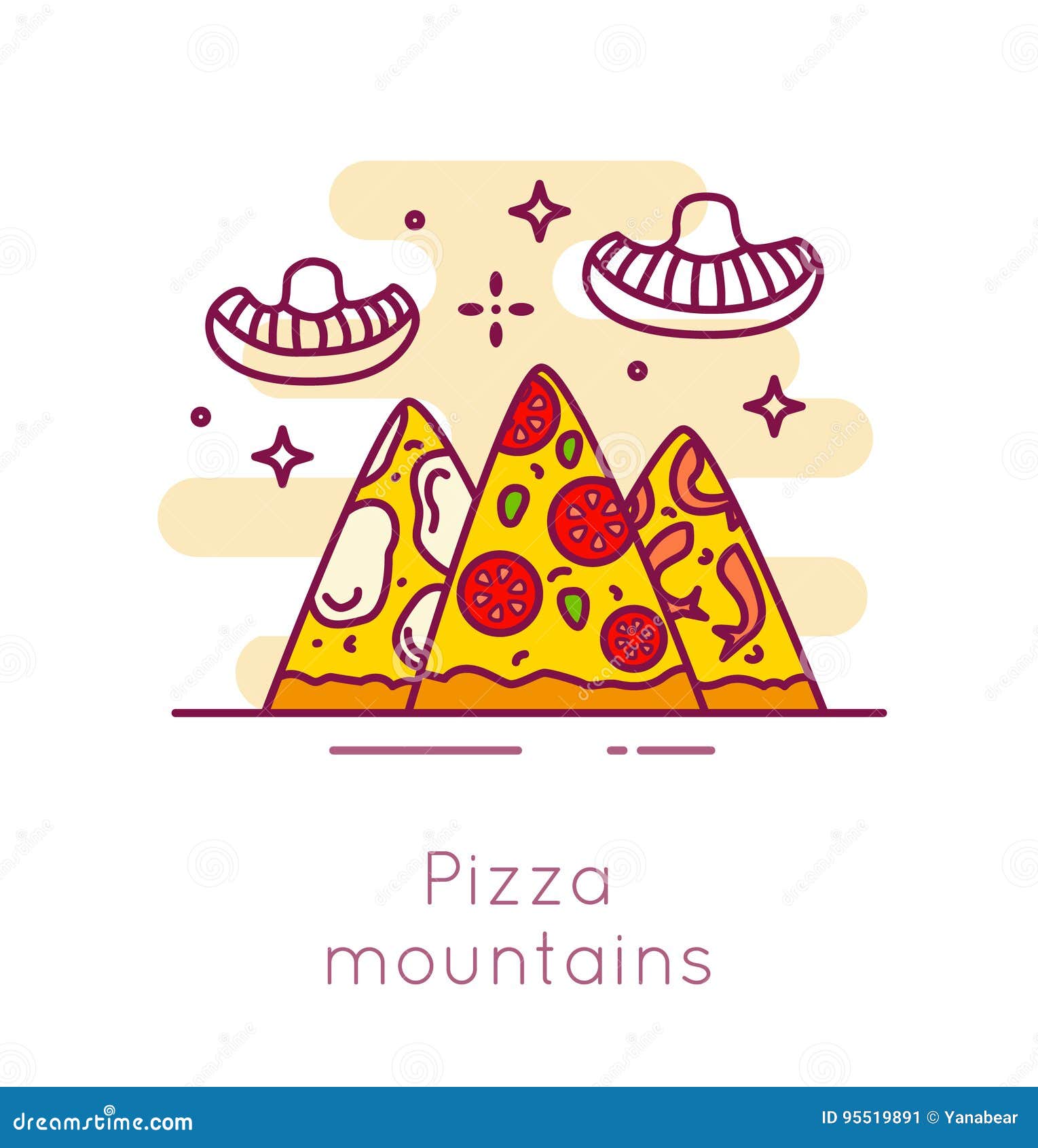 Pizza Mountains and Mushroom Clouds in Thin Line Flat Design. Cartoon ... Pizza Mountains and Mushroom Clouds in Thin Line Flat Design. Cartoon ...