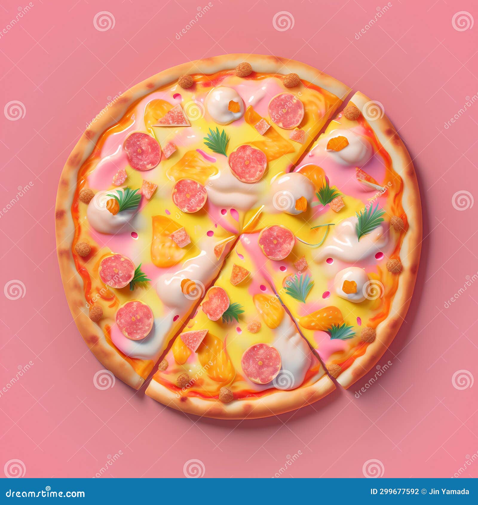 Pizza with Mozzarella Cheese and Salami on Pink Background Stock ...