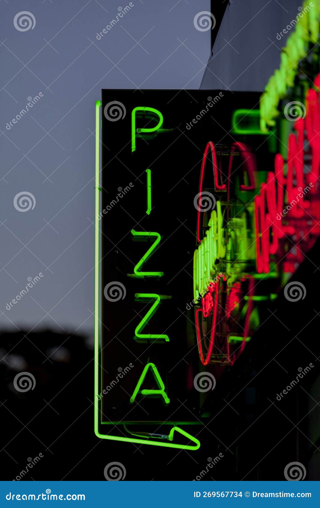 Pizza - Neon light stock photo. Image of sign, arrow - 269567734