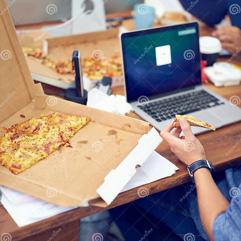 Pizza, Office and Worker Hands on Laptop Screen for Programming, Software and Information ...