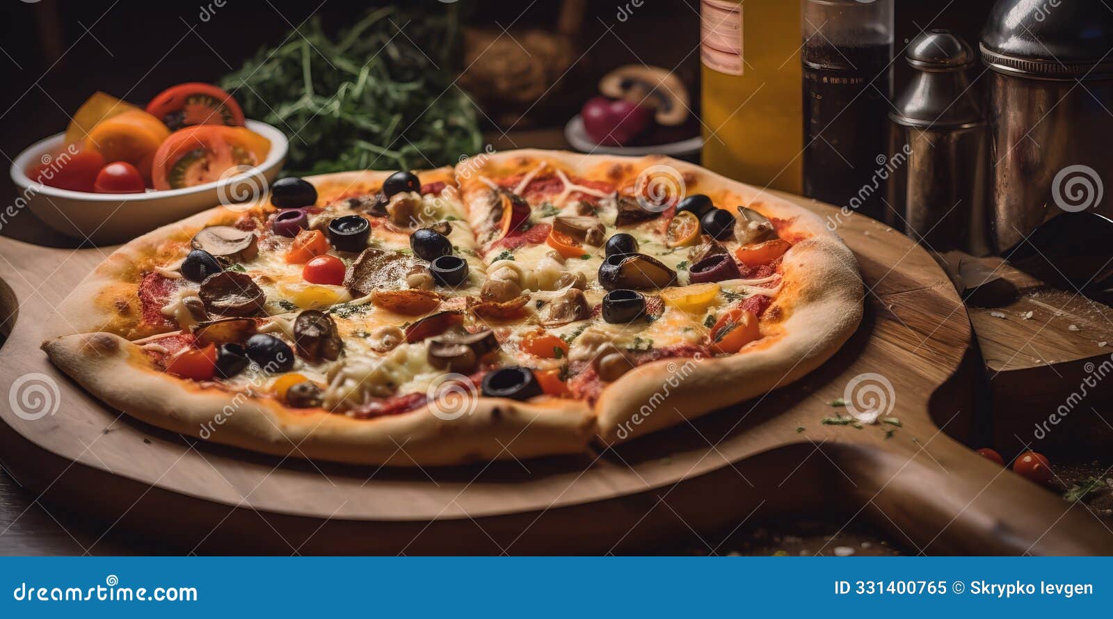 Pizza with Olives on a Wooden Stand Editorial Image - Image of dinein ...