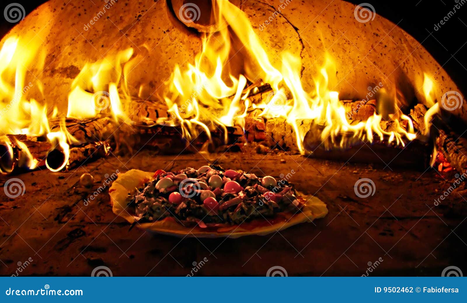 Pizza oven in flames stock photo. Image of baked, oven - 9502462