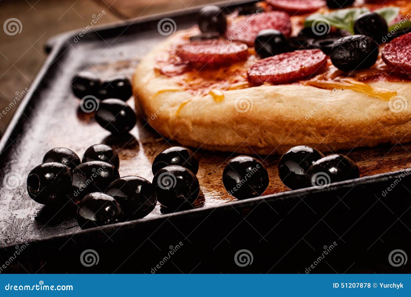 Pizza on oven rack stock photo. Image of olives, table - 51207878