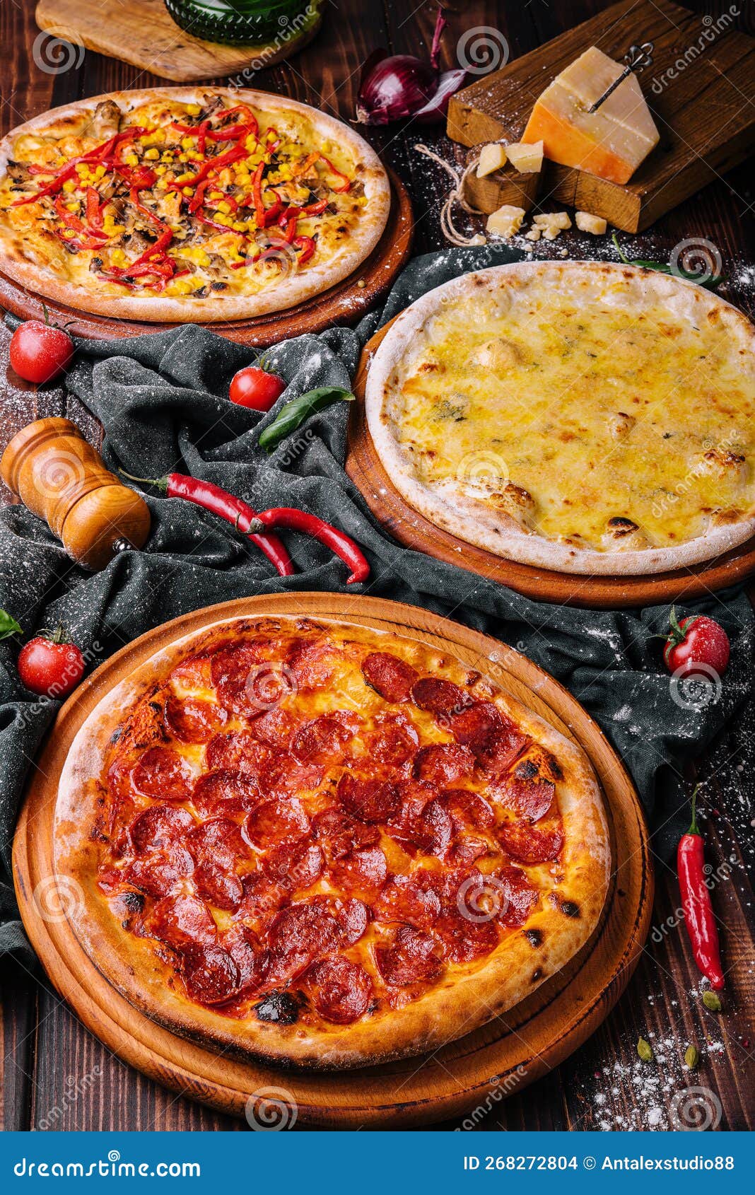 Pizza Party Dinner or Three Delicious Pizzas Stock Photo - Image of ...