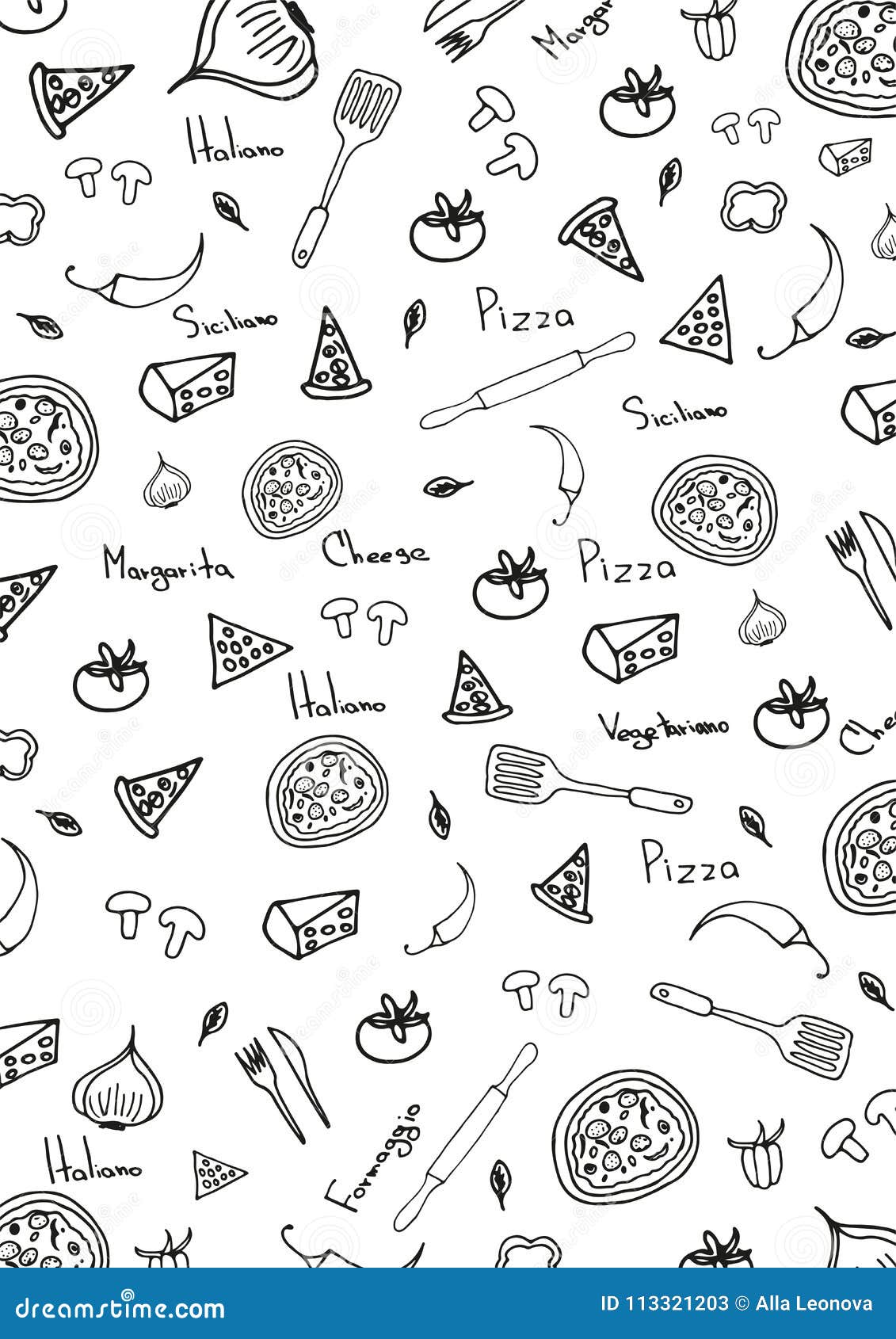 Pizza Pattern. Pizza Background in Doodle Style. Vector Illustration ...