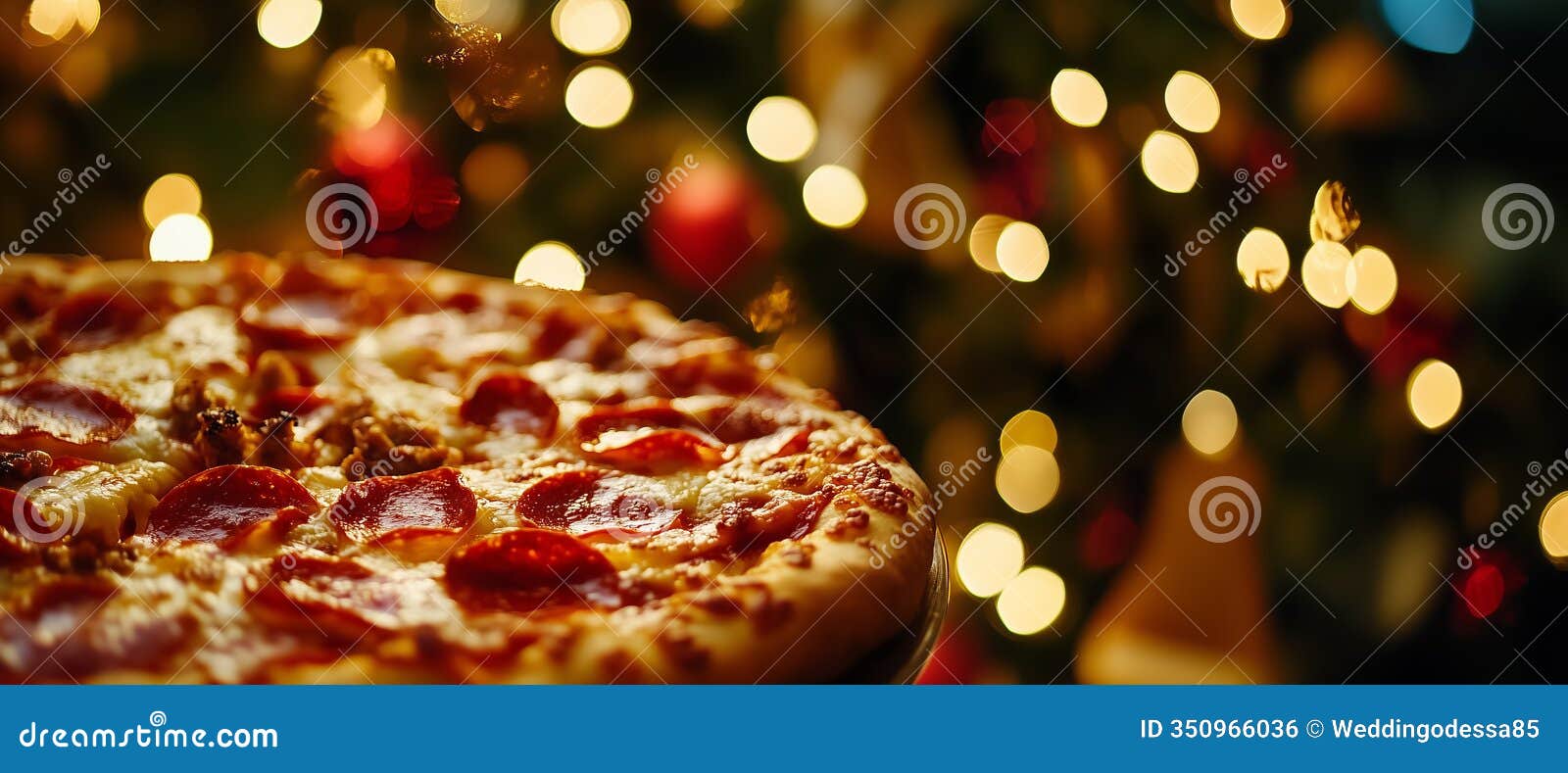 Pizza with Pepperoni and Melted Cheese. the Lights of the Christmas ...