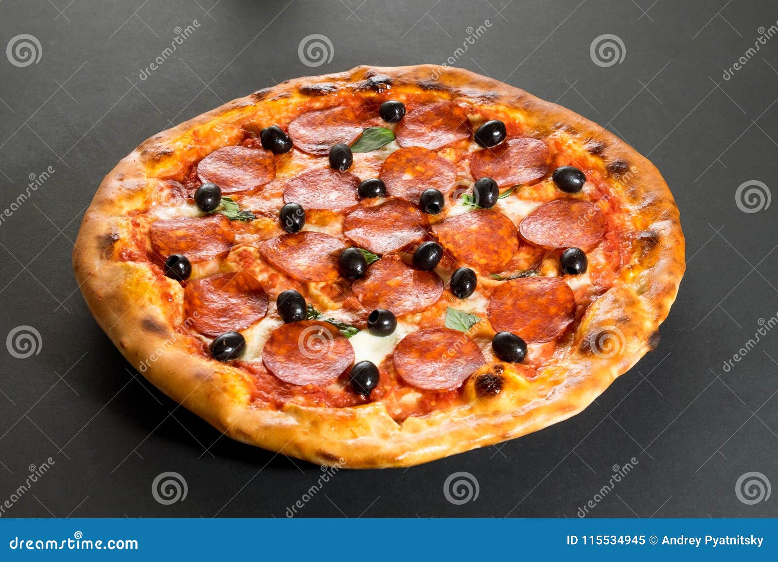 Pizza with Pepperoni Sausage and Olives Side View Stock Image - Image ...