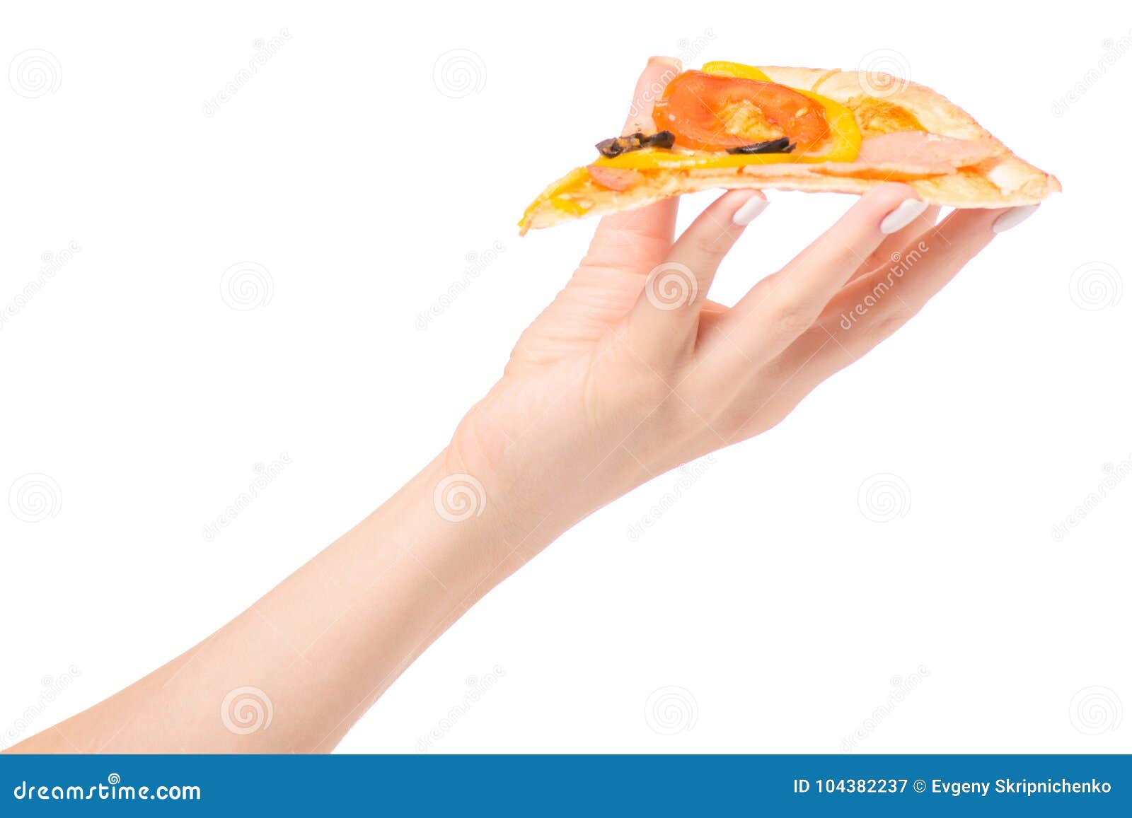 Pizza piece in hand stock image. Image of cuisine, delicious - 104382237
