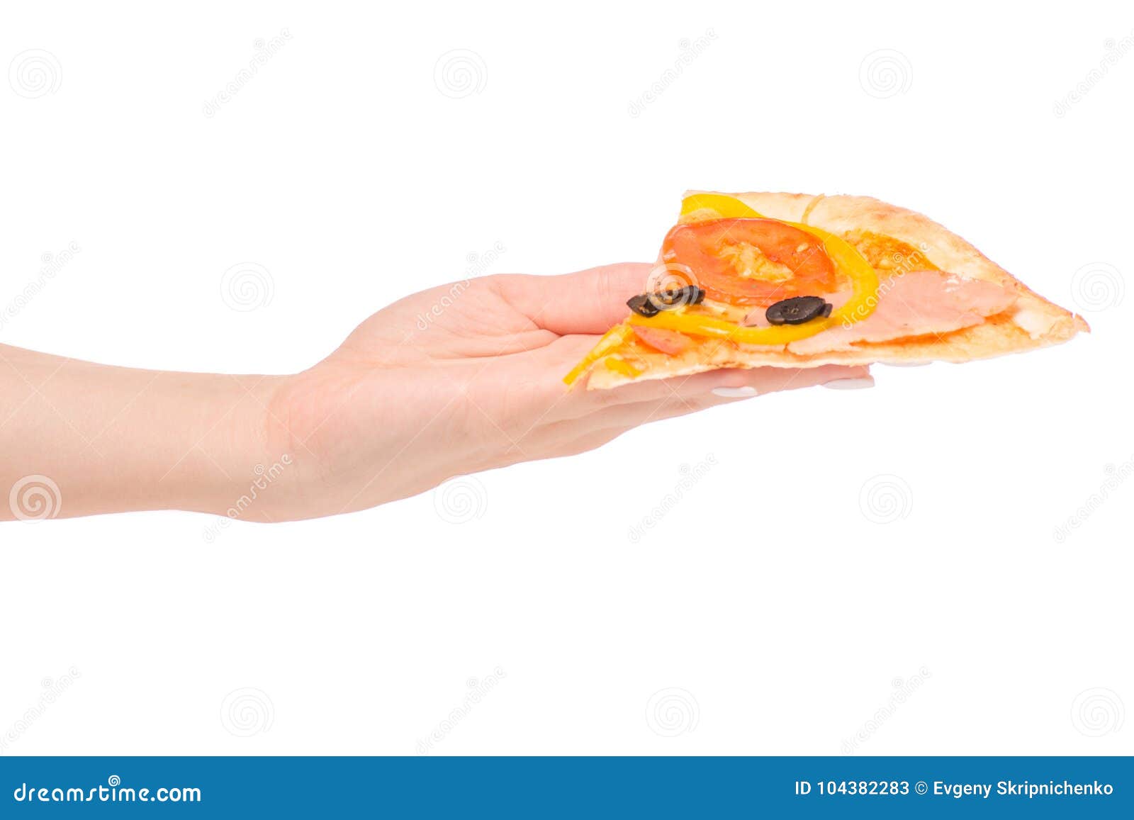 Pizza piece in hand stock image. Image of food, lunch - 104382283
