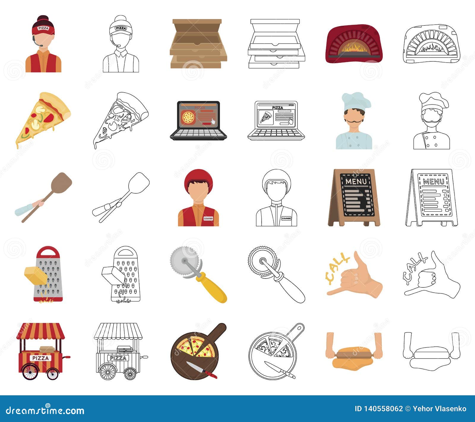 Pizza And Pizzeria Cartoon Outline Icons In Set Collection For Design