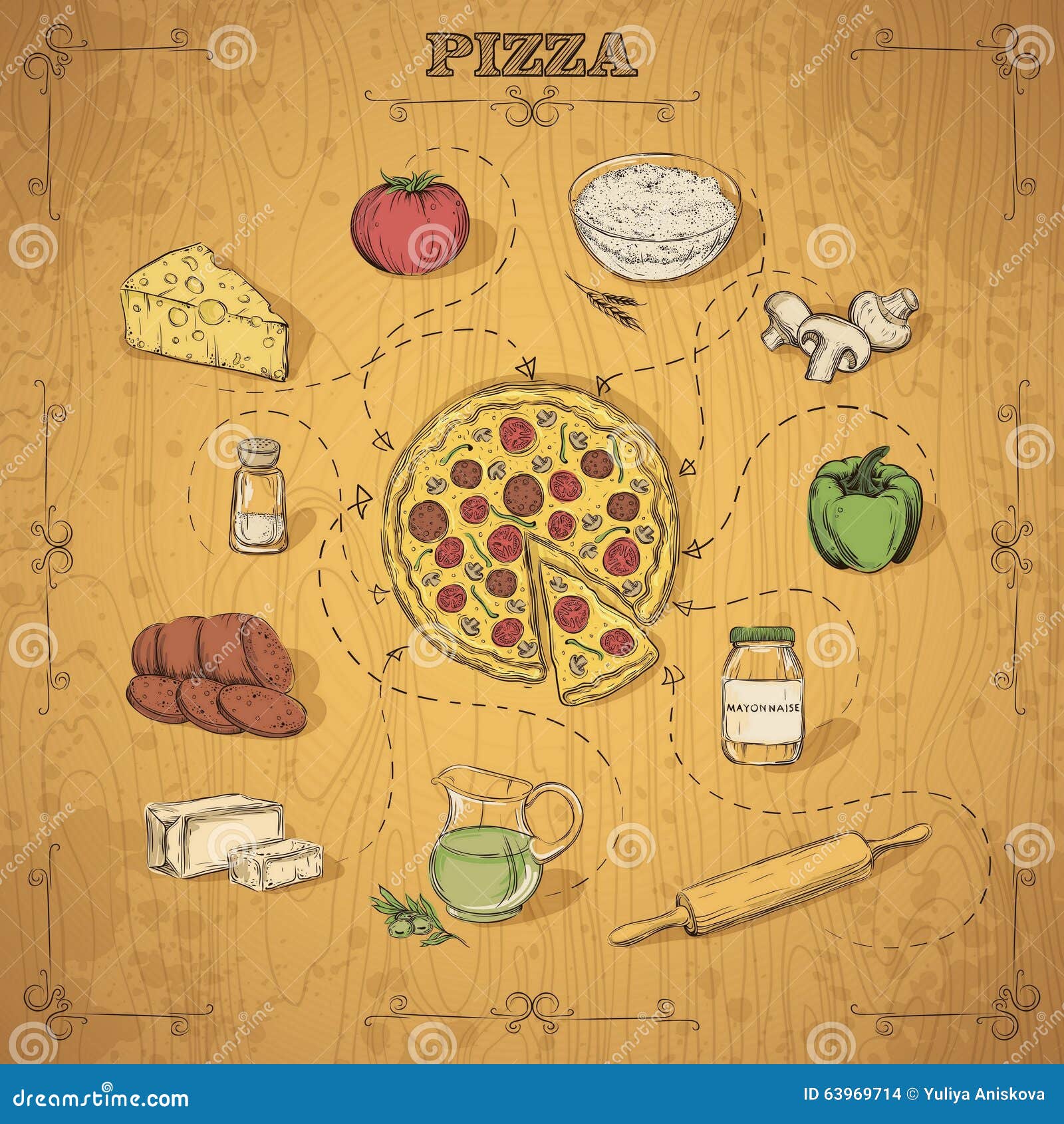 Pizza recipe. Hand drawing stock illustration. Illustration of drawing ...