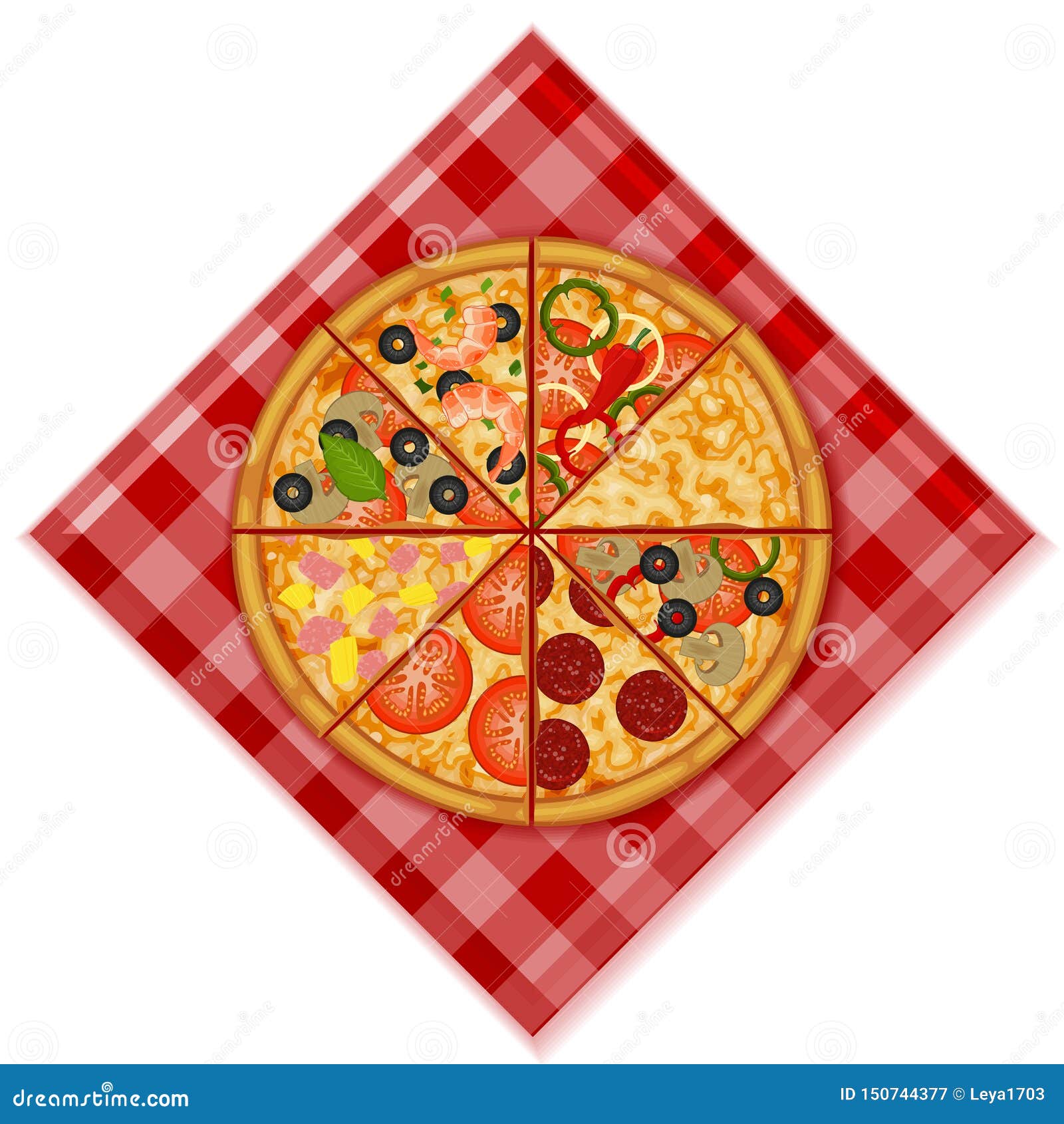 Pizza On A Red Checkered Tablecloth On White Background. Stock Vector ...