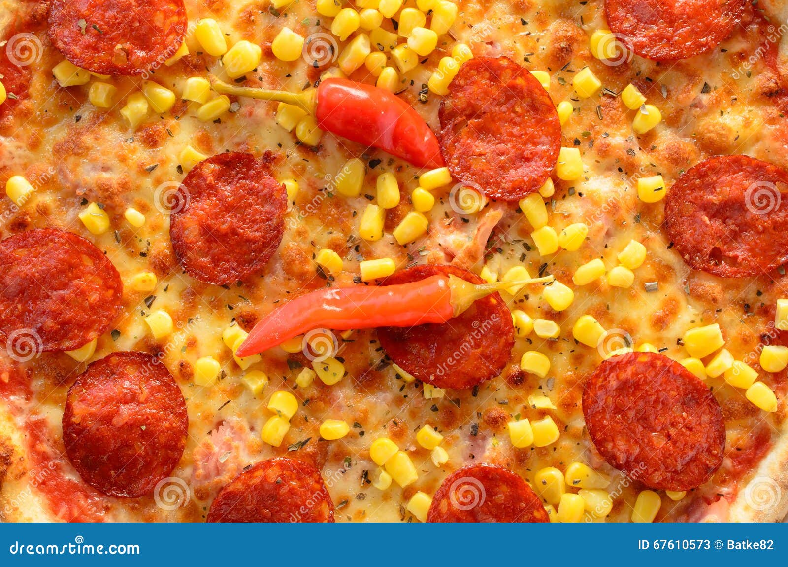 Pizza with Red Pepperoni, Sausage and Corn - Top View Stock Image ...