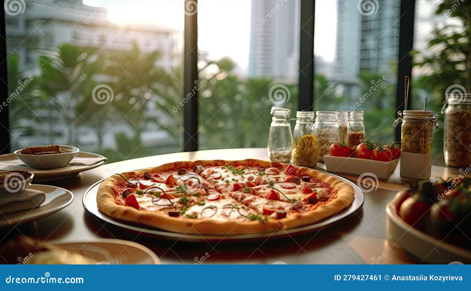 Pizza in a Restaurant on the Background of the Window. Generative AI ...