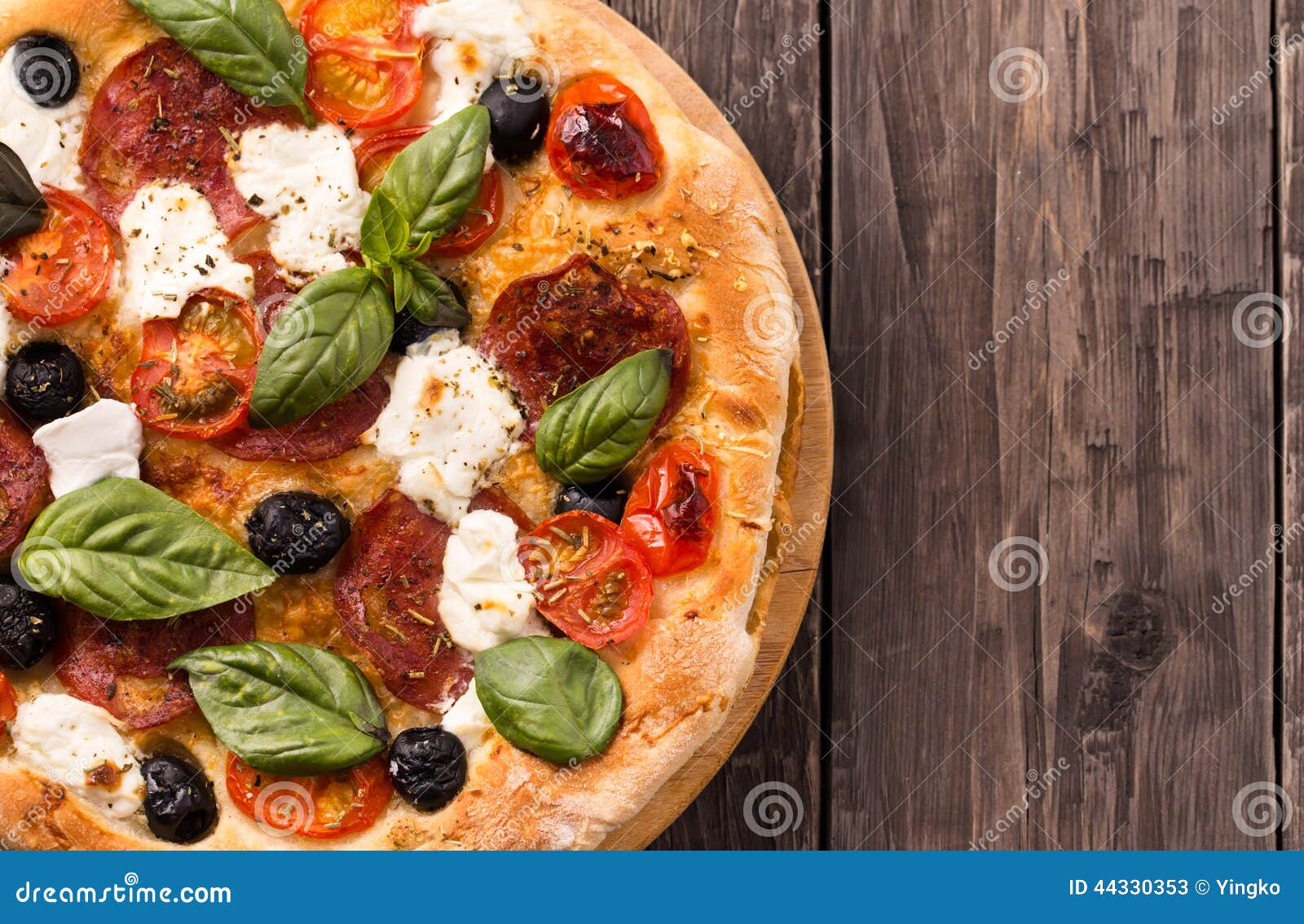 Pizza with Salami and Mozzarella Top View with Copy Space Rustic Stock ...