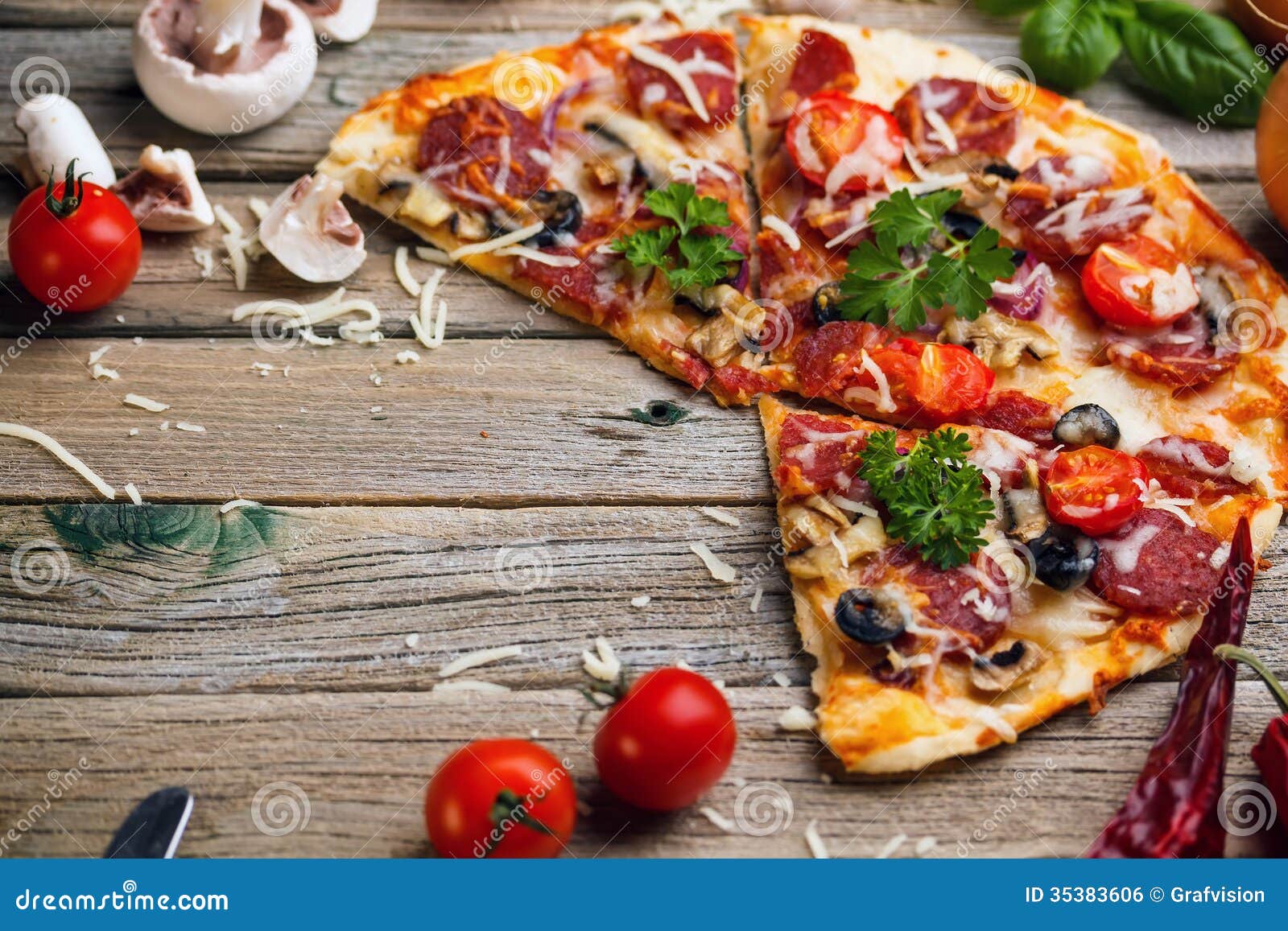 Pizza with salami stock photo. Image of closeup, wooden - 35383606